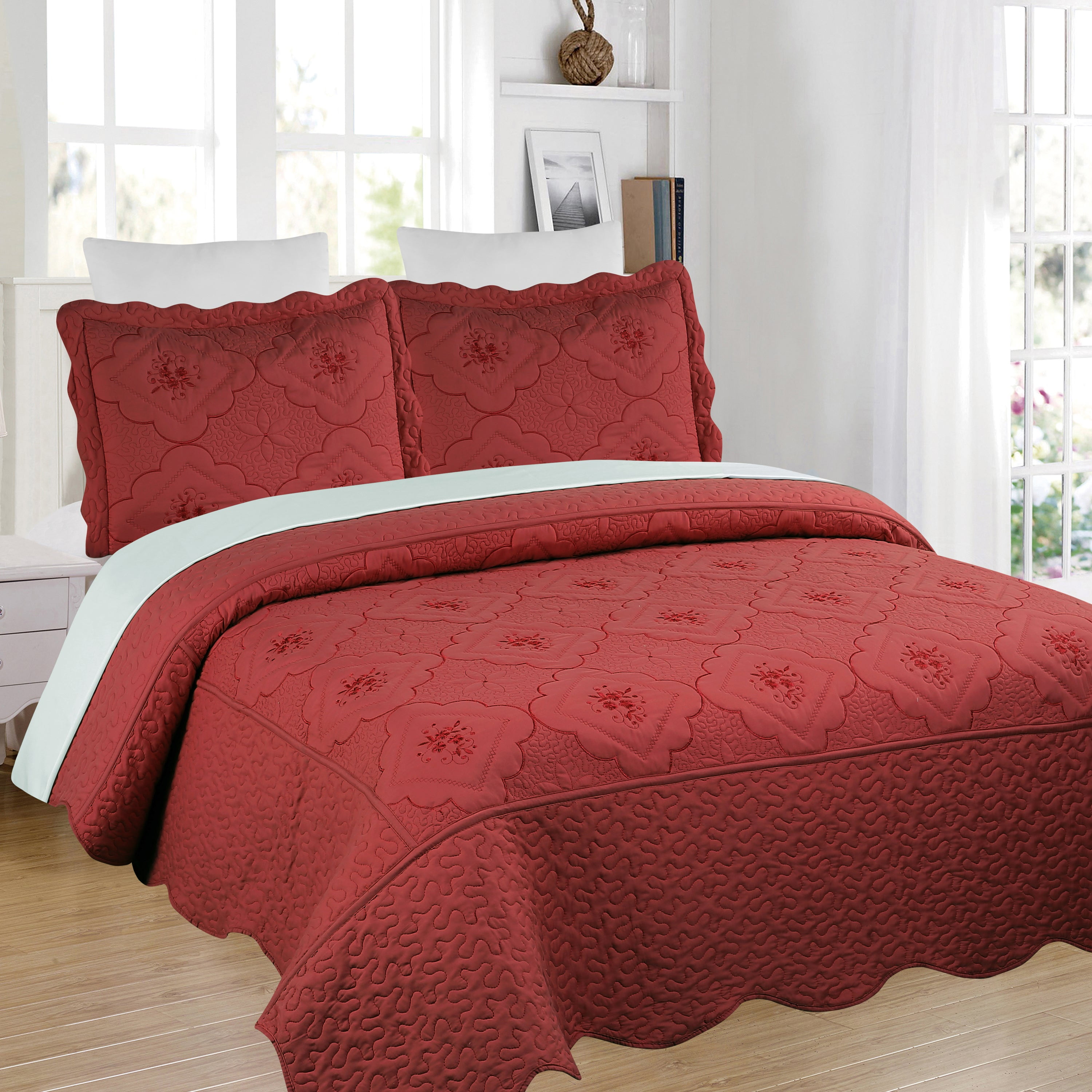 3 Piece Floral Embroidered Quilted Bedspread-Beautiful Stitching ...