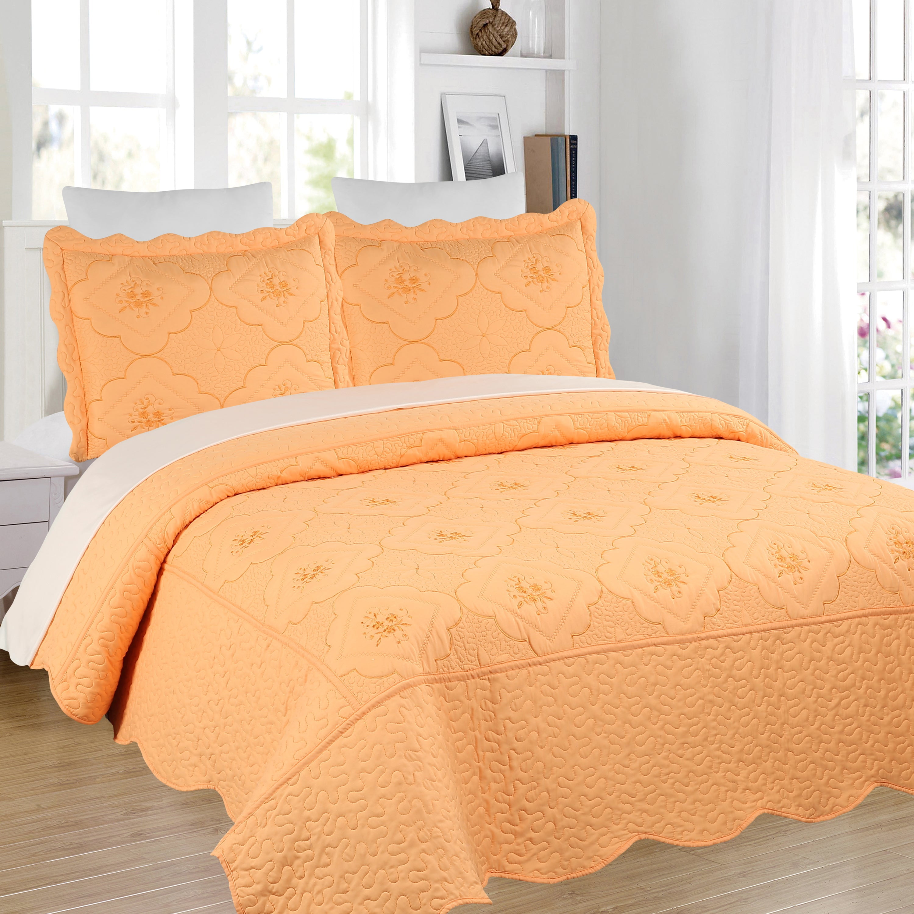 3 Piece Floral Embroidered Quilted Bedspread-Beautiful Stitching ...