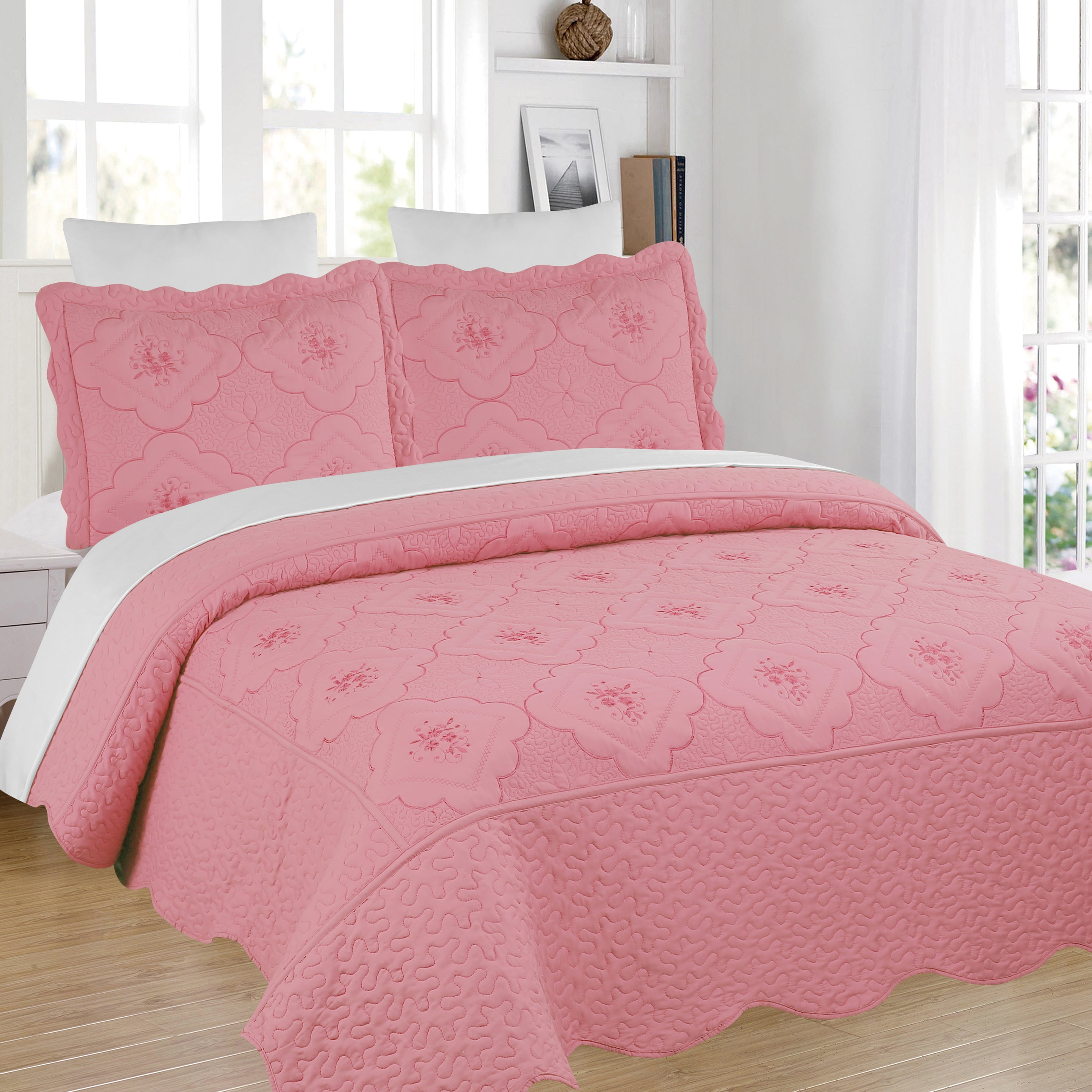 3 Piece Floral Embroidered Quilted Bedspread-Beautiful Stitching ...