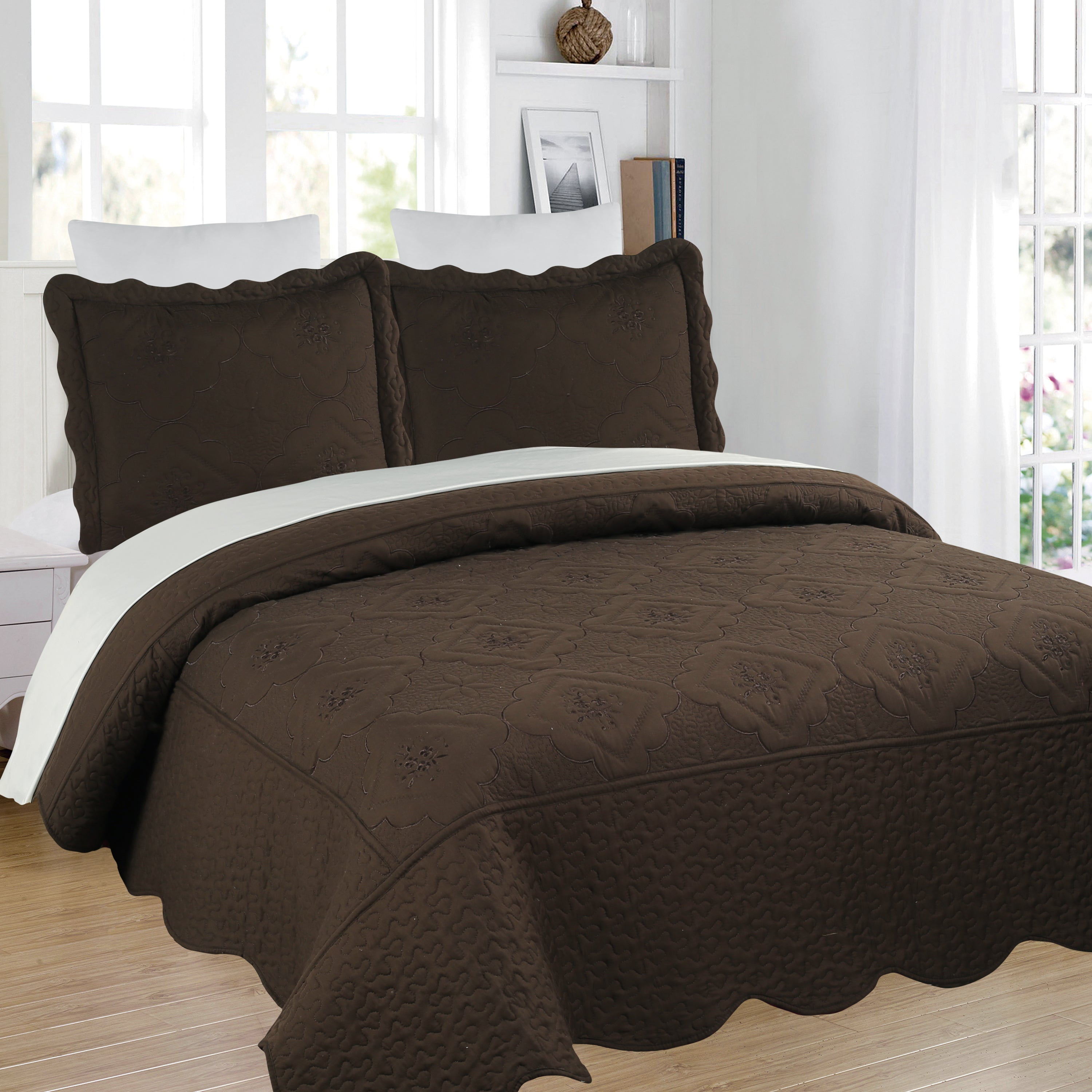 3 Piece Floral Embroidered Quilted Bedspread Set Queen/King Size,All ...