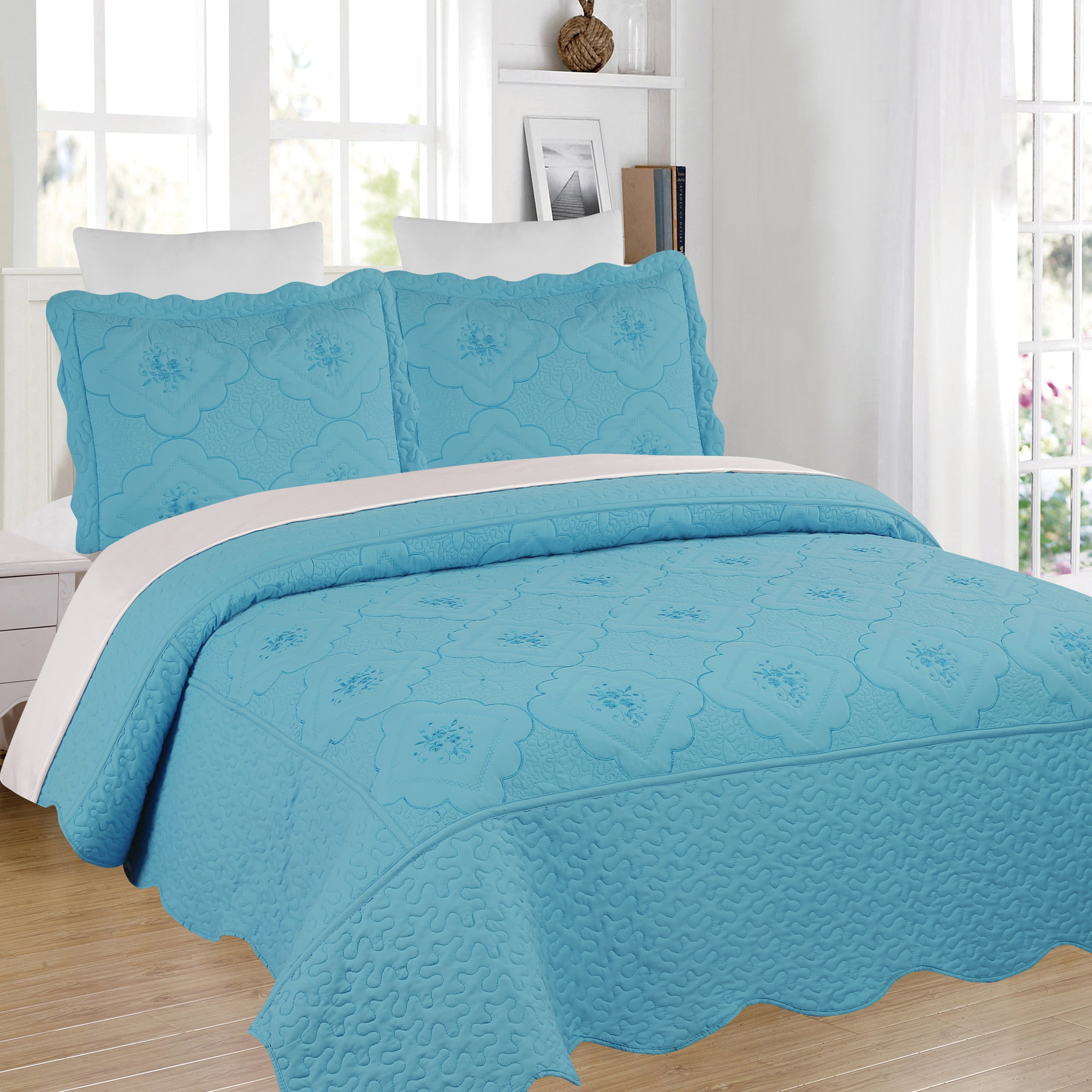 3 Piece Floral Embroidered Quilted Bedspread Set Queen/King Size,All ...