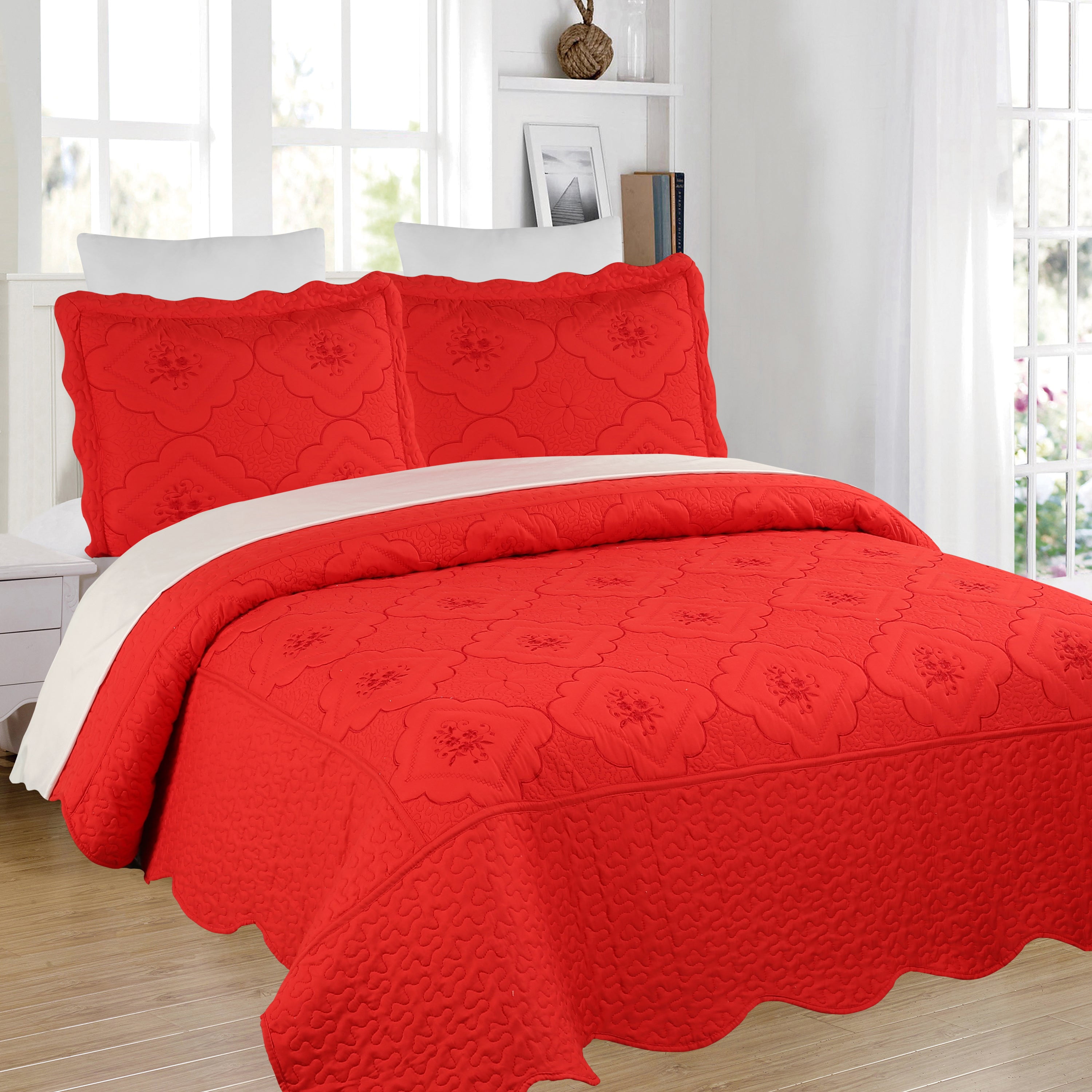 3 Piece Floral Embroidered Quilted Bedspread Set Queen/King Size,All ...