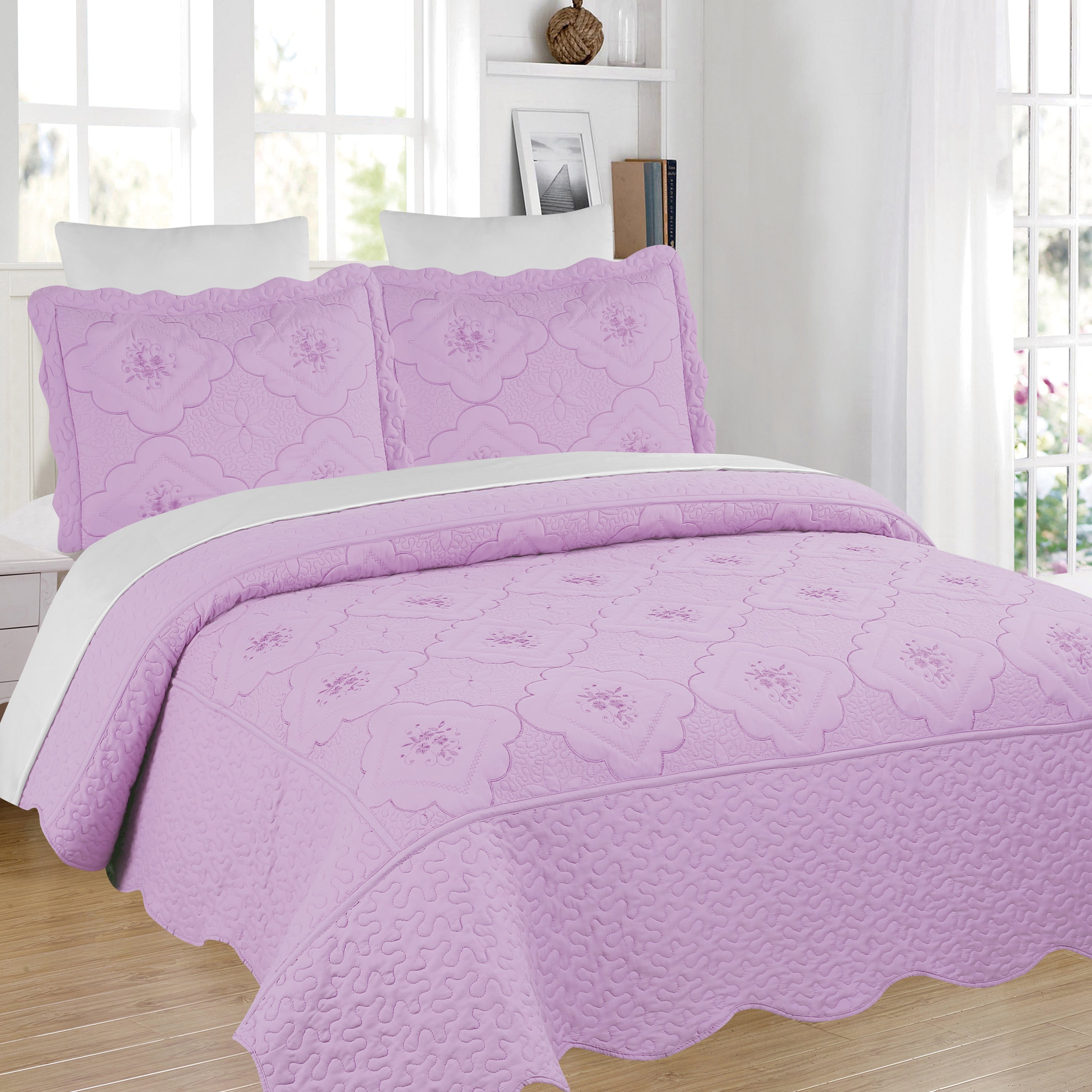 3 Piece Floral Embroidered Quilted Bedspread Set Queen/King Size,All ...
