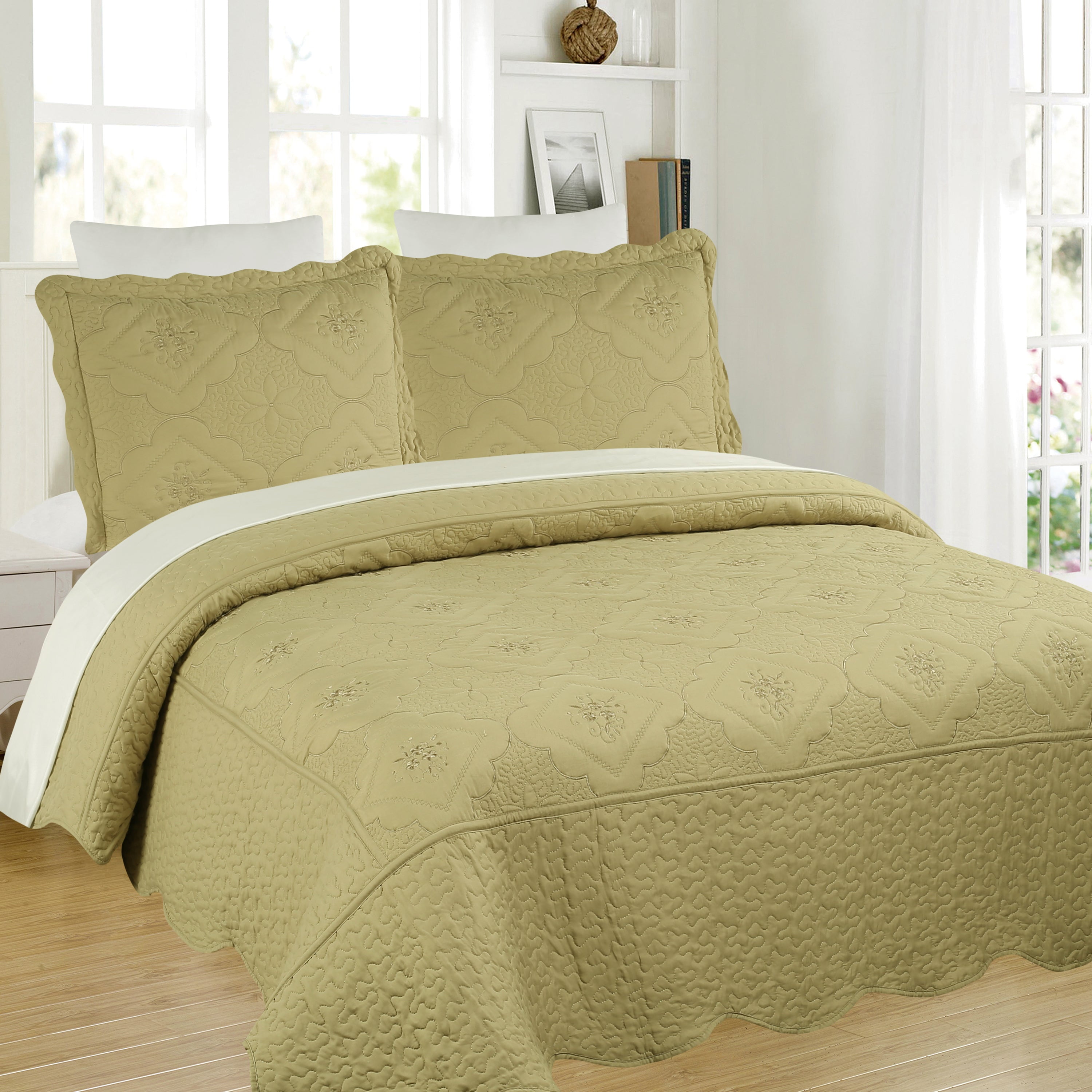 3 Piece Floral Embroidered Quilted Bedspread Set Queen/King Size,All ...