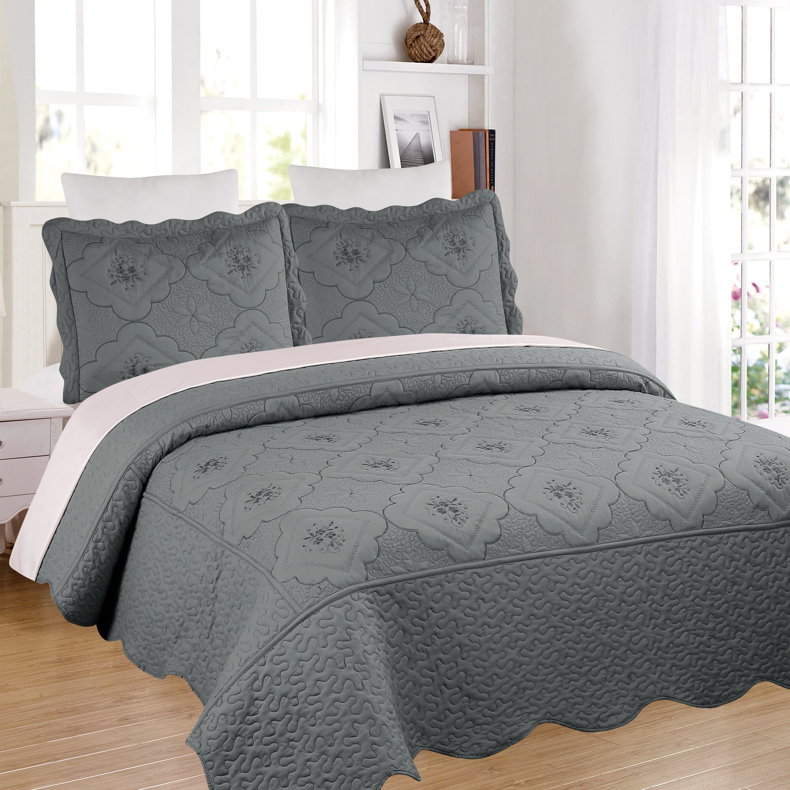 3 Piece Floral Embroidered Quilted Bedspread Set Queen/King Size,All ...