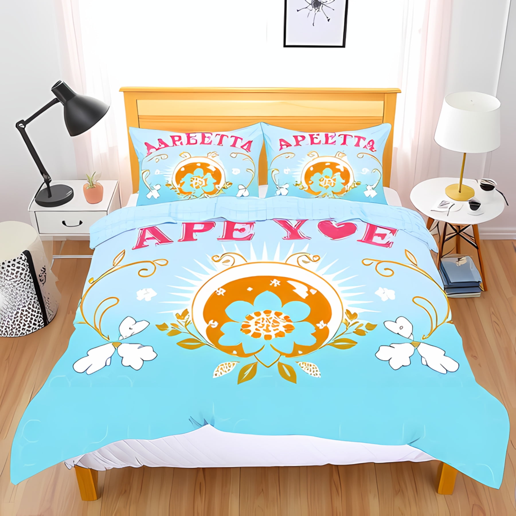 3-Piece Floral & Geometric Pattern Duvet Cover Set in Blue & White ...