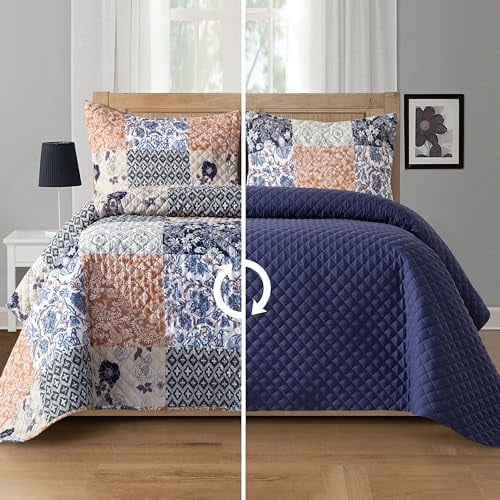 3-Piece Floral Patchwork Reversible Quilt - Soft Bedspread with Matching Pillow Shams, Heavy ...