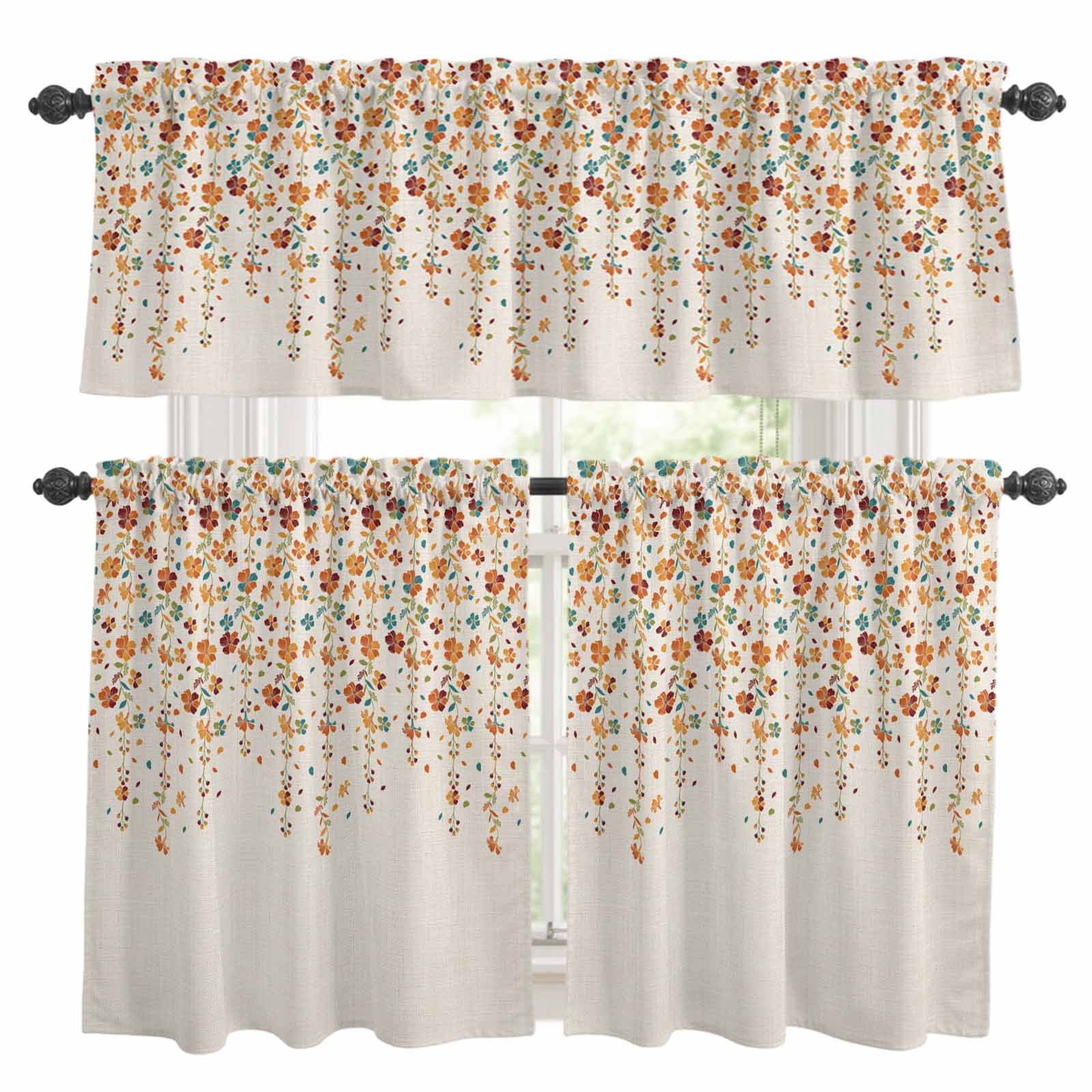3 Piece Flower Orange Kitchen Curtain Valance and Tiers Set Blue Cherry ...