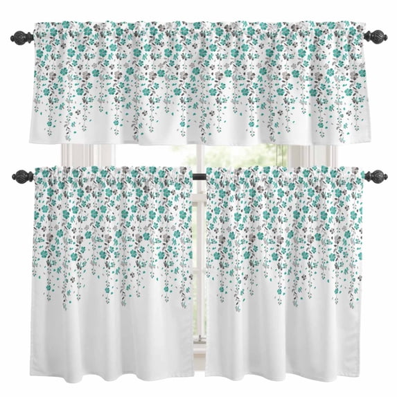 3 Piece Flower Teal Kitchen Curtain Valance and Tiers Set Grey Cherry ...