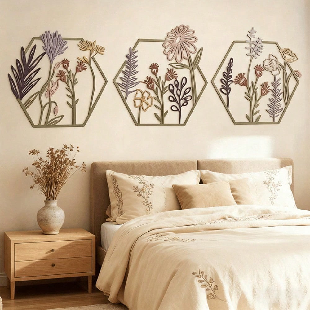 3-Piece Flower Wall Decorations, Home Decor, Metal Wall Art, Minimalist ...