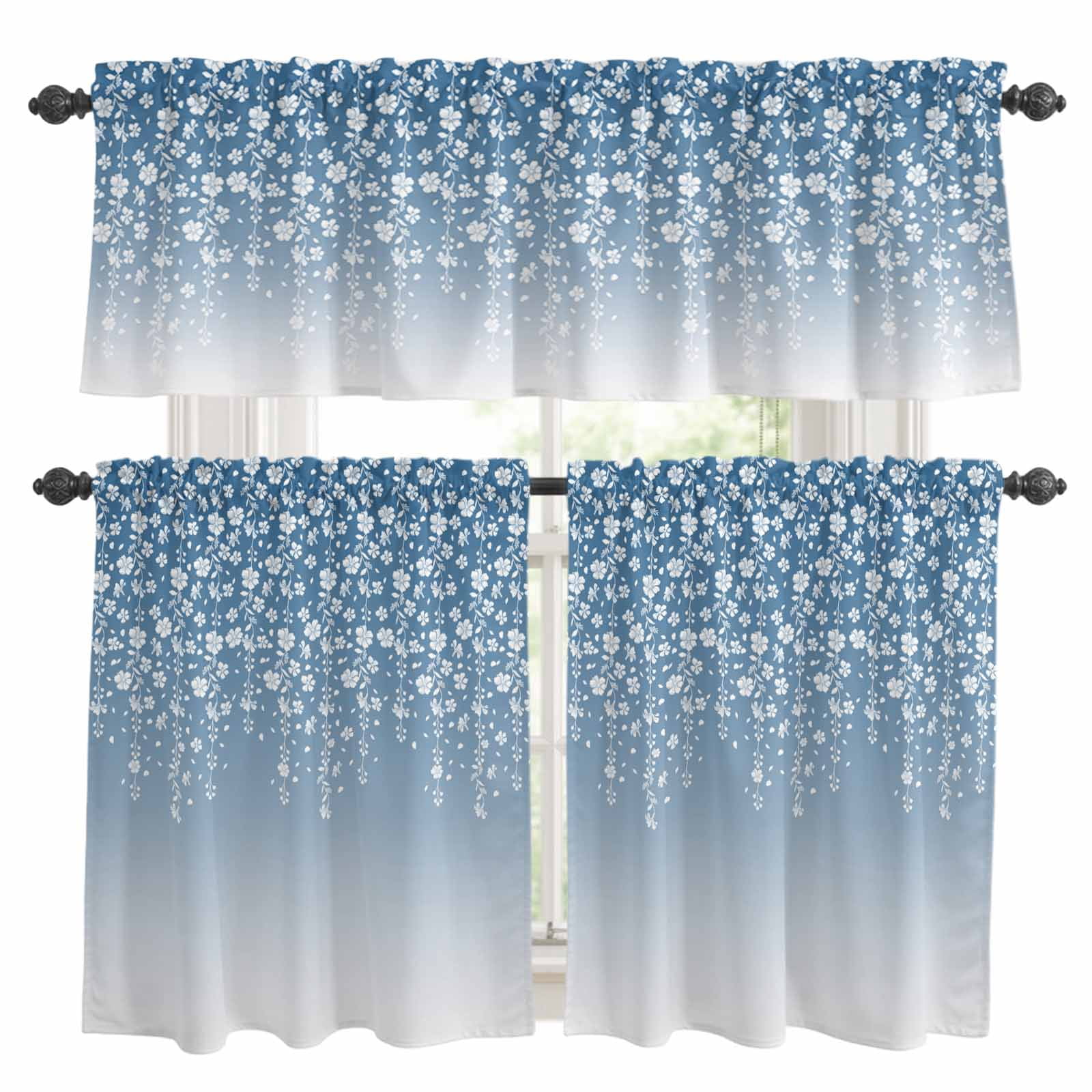 3 Piece Flower White Kitchen Curtain Valance and Tiers Set Cherry ...