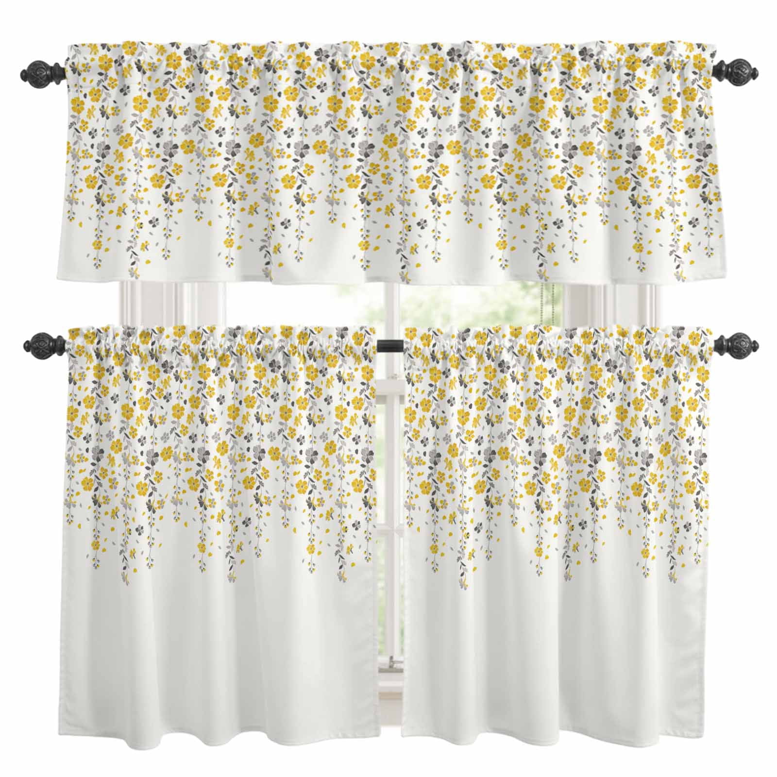 3 Piece Flower Yellow Kitchen Curtain Valance and Tiers Set Grey Cherry ...