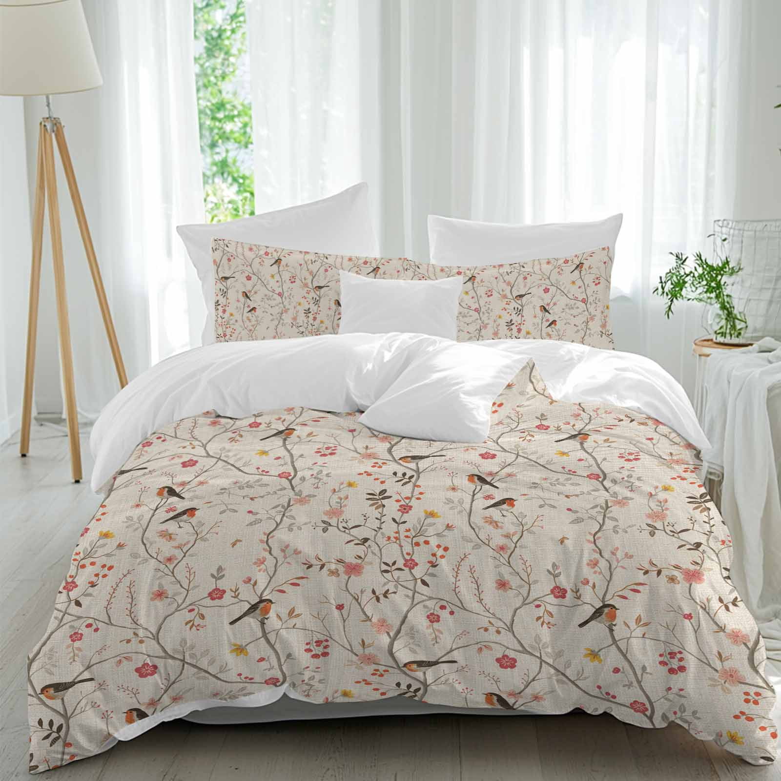 3 Piece Flowers Birds Duvet Cover Set California King,Microfiber ...