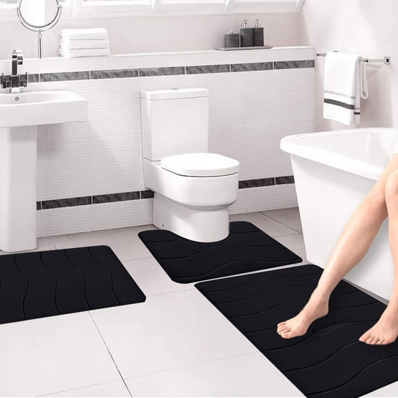 3 Piece Foam Bath Mat Set Bathroom Rugs Soft Water Absorbent Non-Slip ...