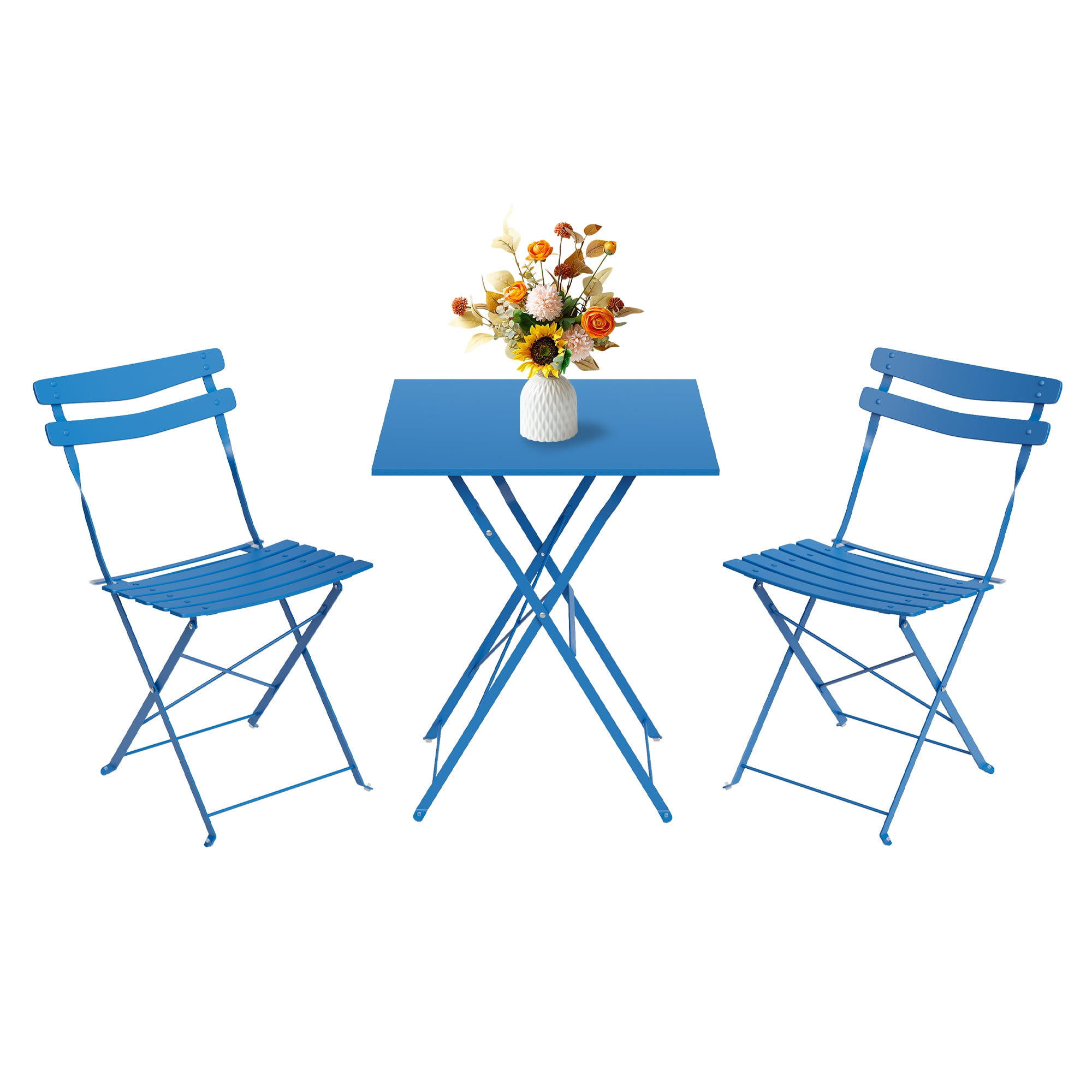 3 Piece Foldable Patio Bistro Set, Metal Compact Square Table with 2 ...
