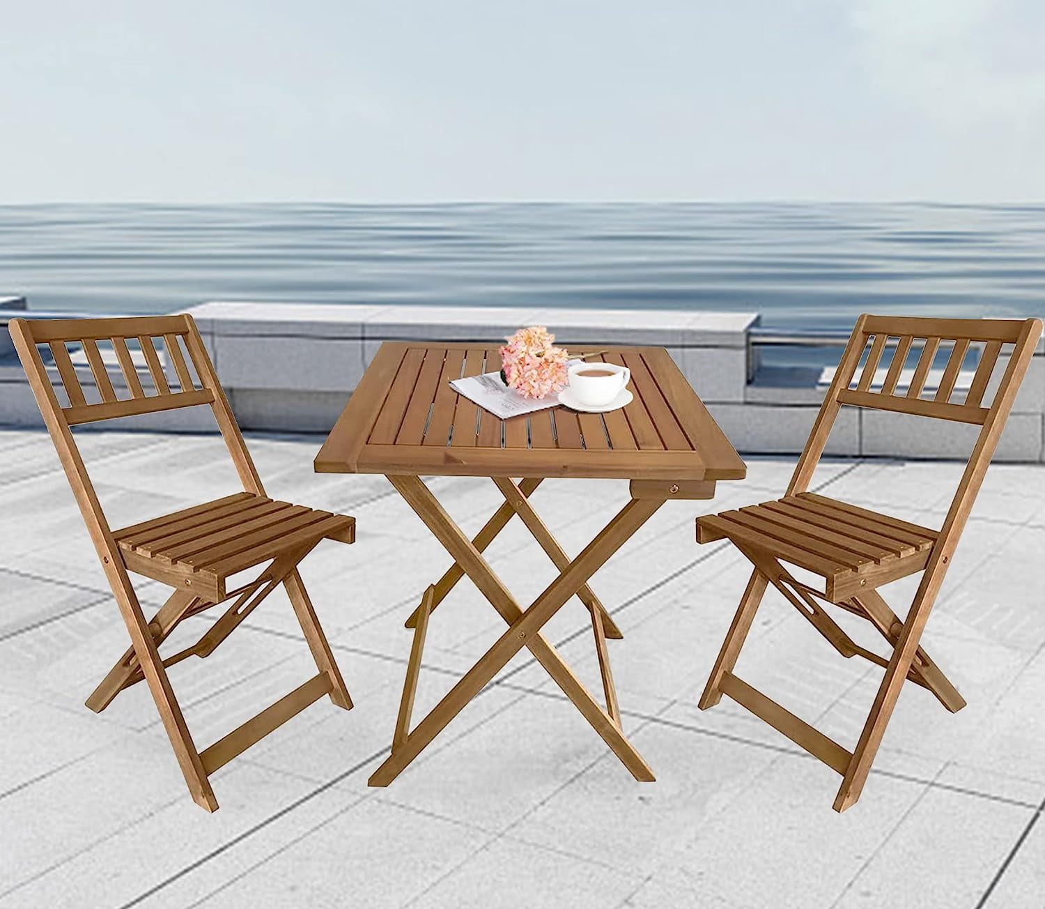 3 Piece Folding Bistro Set, Wood Outdoor Patio Furniture w/Foldable ...