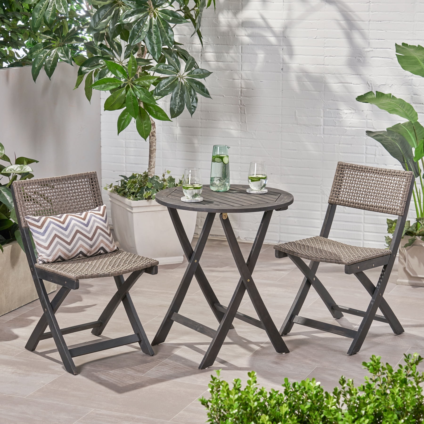 3-Piece Folding Wood Patio Bistro Set with 2 Woven Chairs & Side Table ...