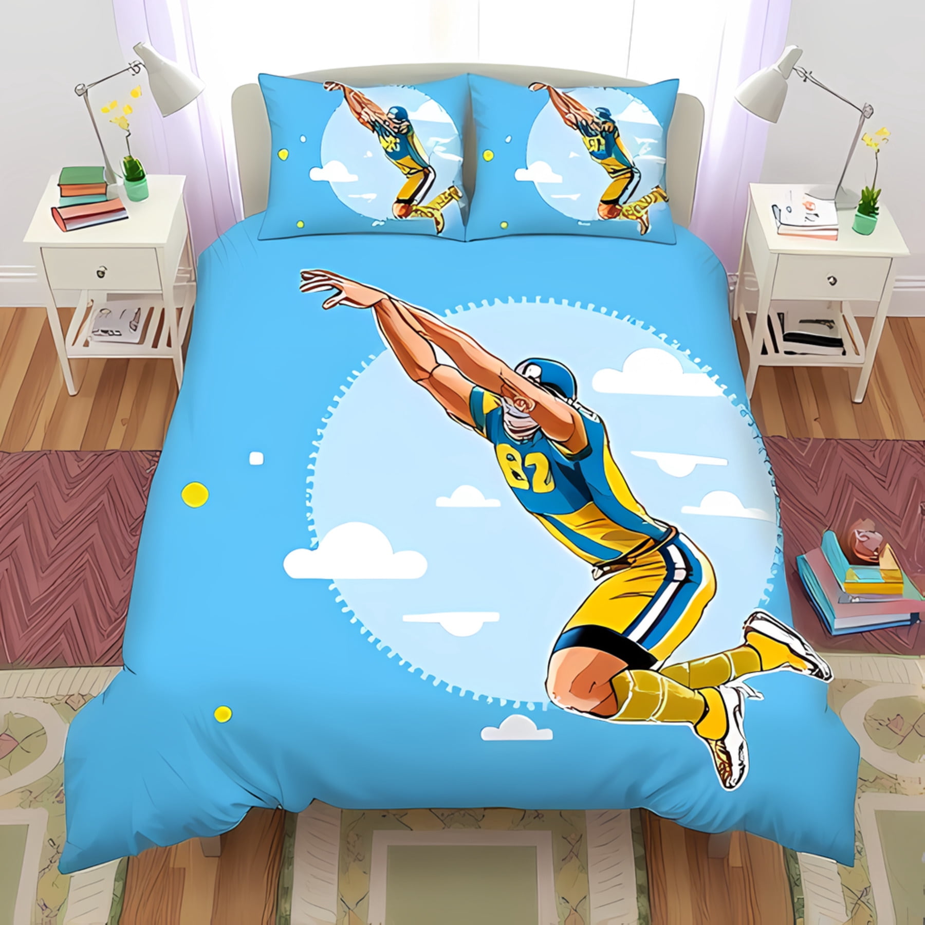 3-Piece Football Player Duvet Cover Set - Bold Blue & Yellow Action ...