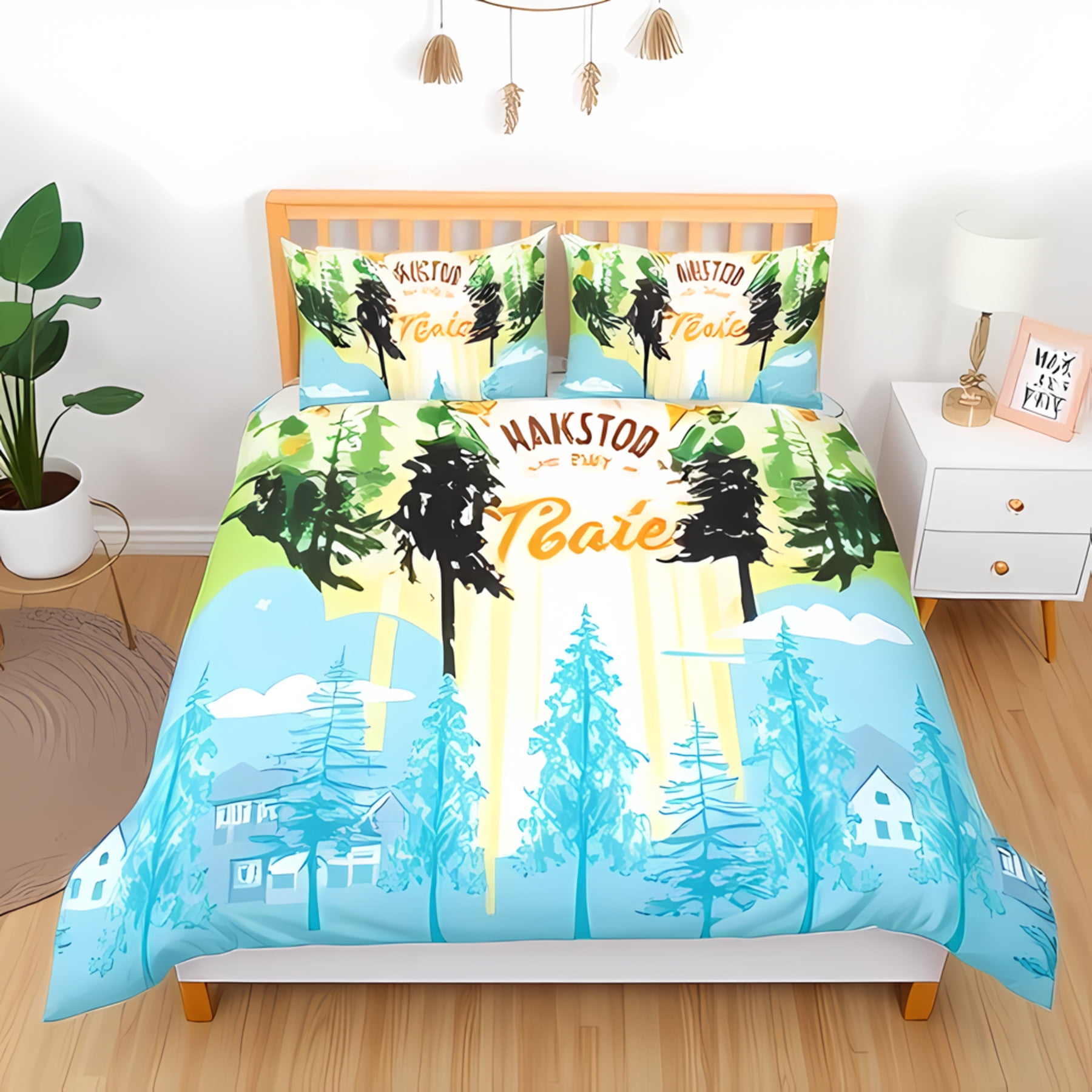 3-Piece Forest Scene Duvet Cover Set - Vibrant Pine Trees & Bright ...