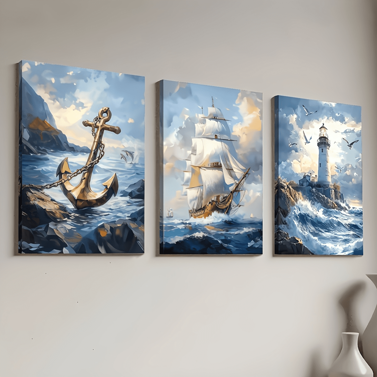 3-Piece Framed Canvas Paintings with Abstract Sailing Ships, Anchors ...