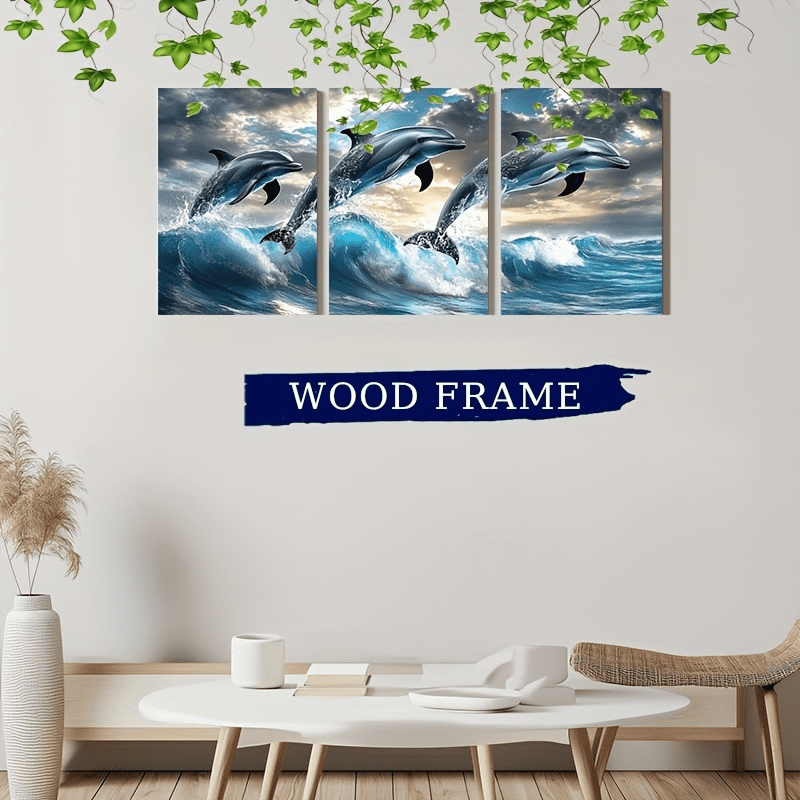 3-Piece Framed Dolphin Wall Art Set - Vibrant Blue Ocean Canvas Prints with Wood Frames, Marine ...