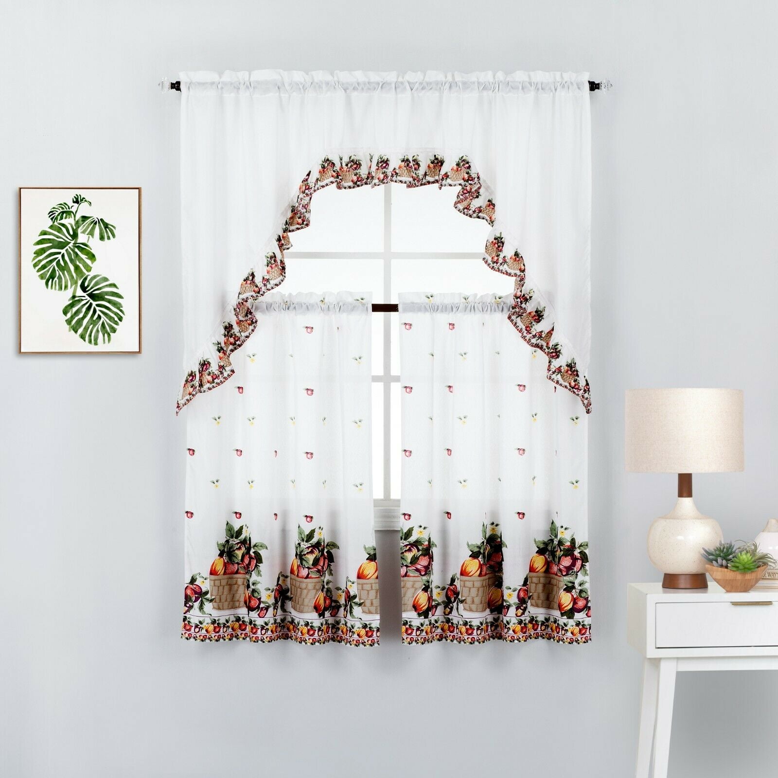 3-Piece Fruit Basket Printed Kitchen Window Curtain Set: Panel Tiers ...