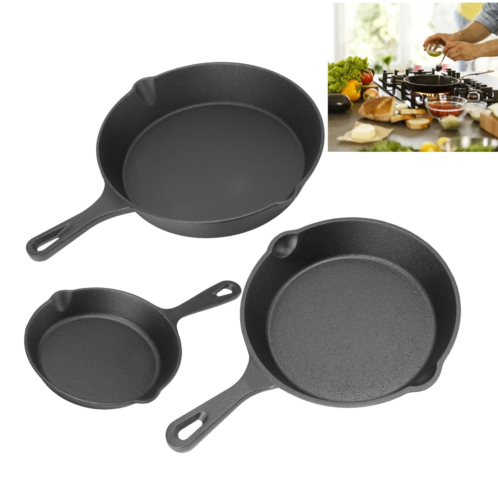 3 Piece Frying Pan Set Cast Iron Prevent Stick Multifunction Mini Fry ...