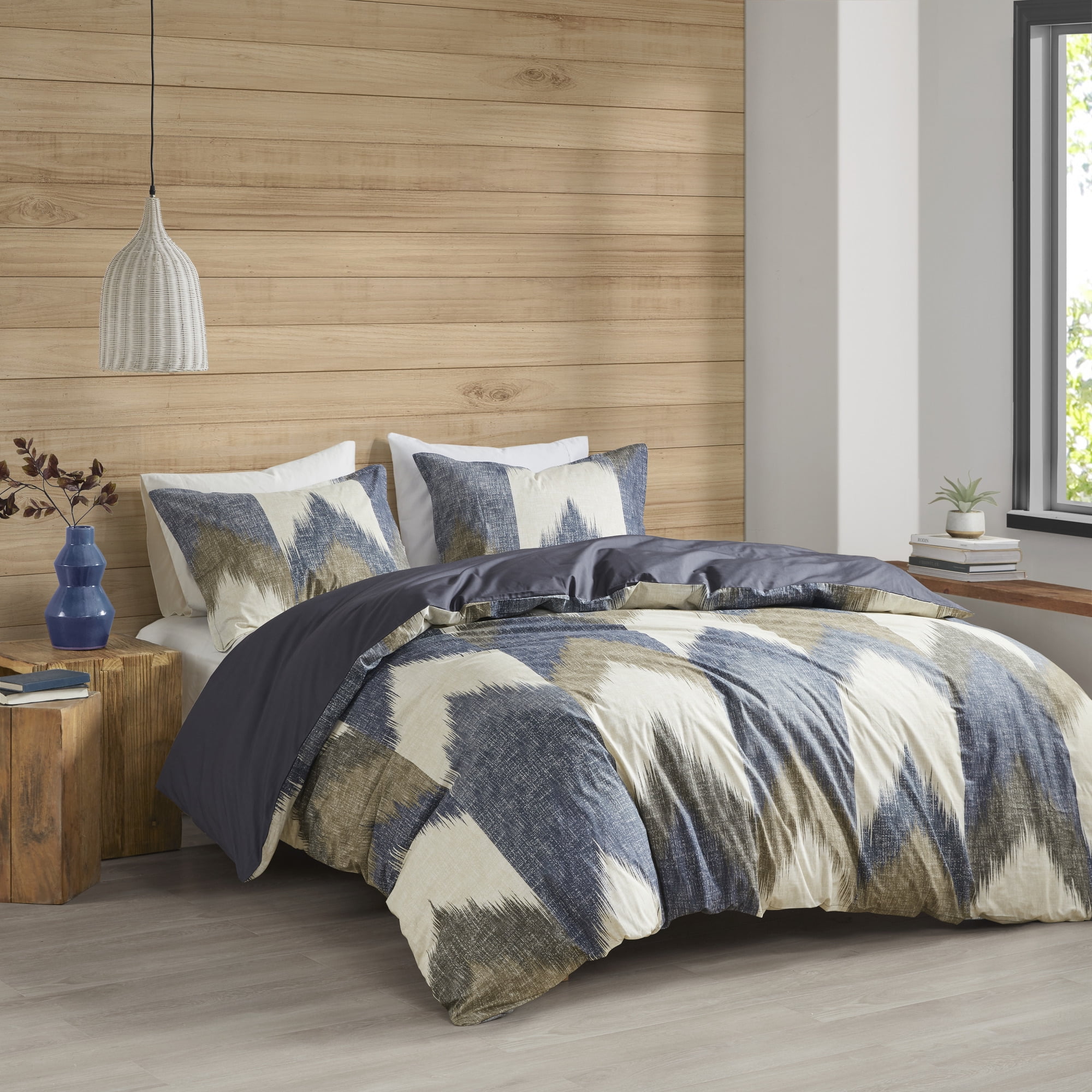 3-Piece Full/Queen Size Blue & Beige Ikat Duvet Cover Set, Bohemian ...