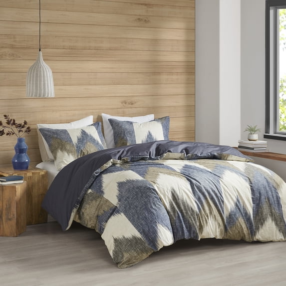 3-Piece Full/Queen Size Blue & Beige Ikat Duvet Cover Set, Bohemian ...
