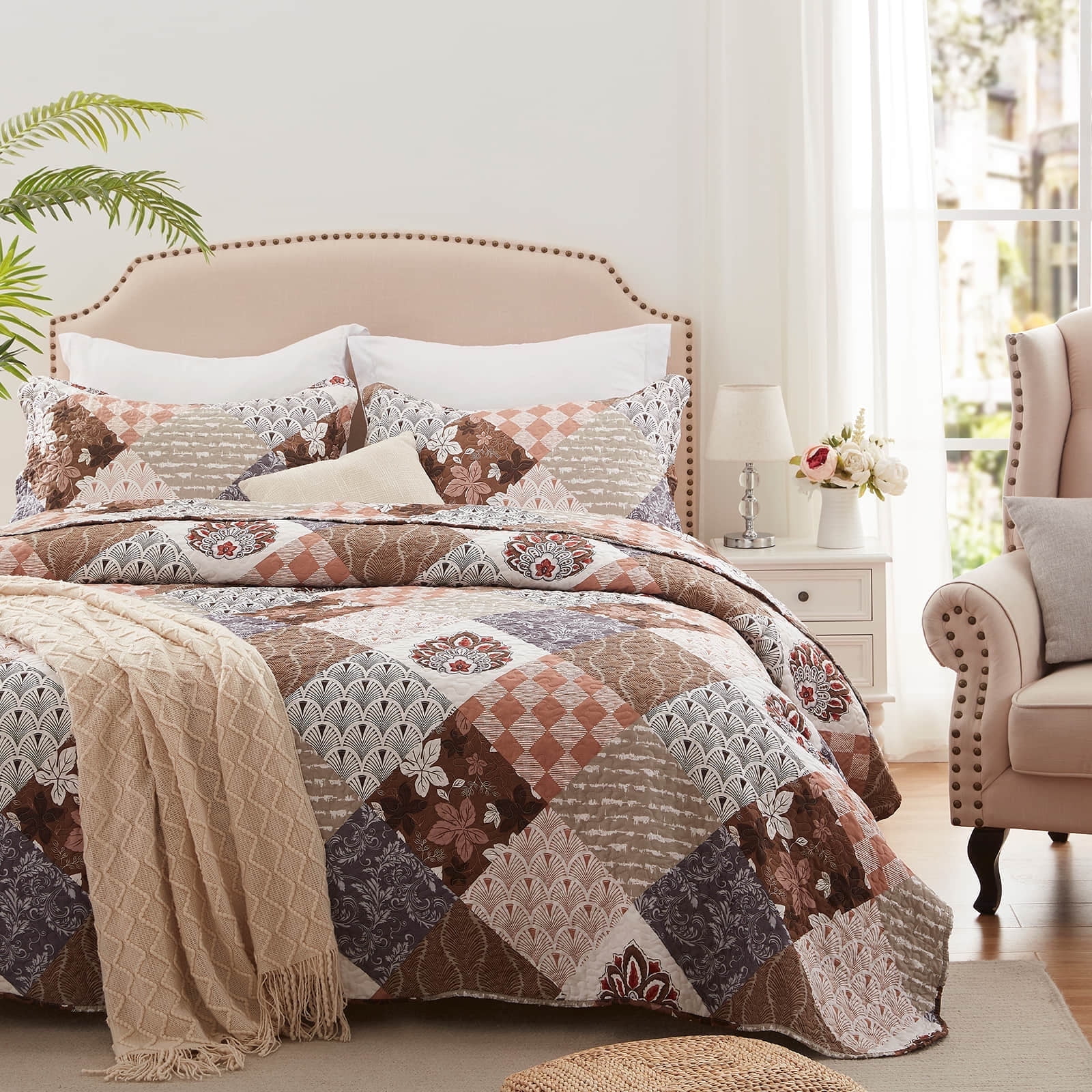 3-Piece Full/Queen Size Quilt Set - Brown patchwork Bedspread Coverlet ...