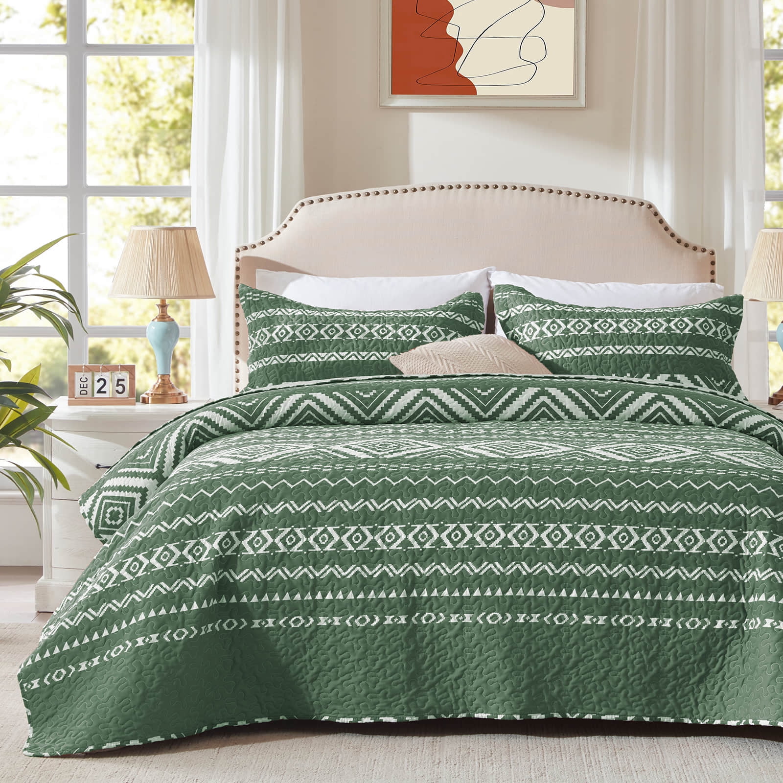 3-Piece Full/Queen Size Quilt Set - Olive Green Checkered Pattern ...
