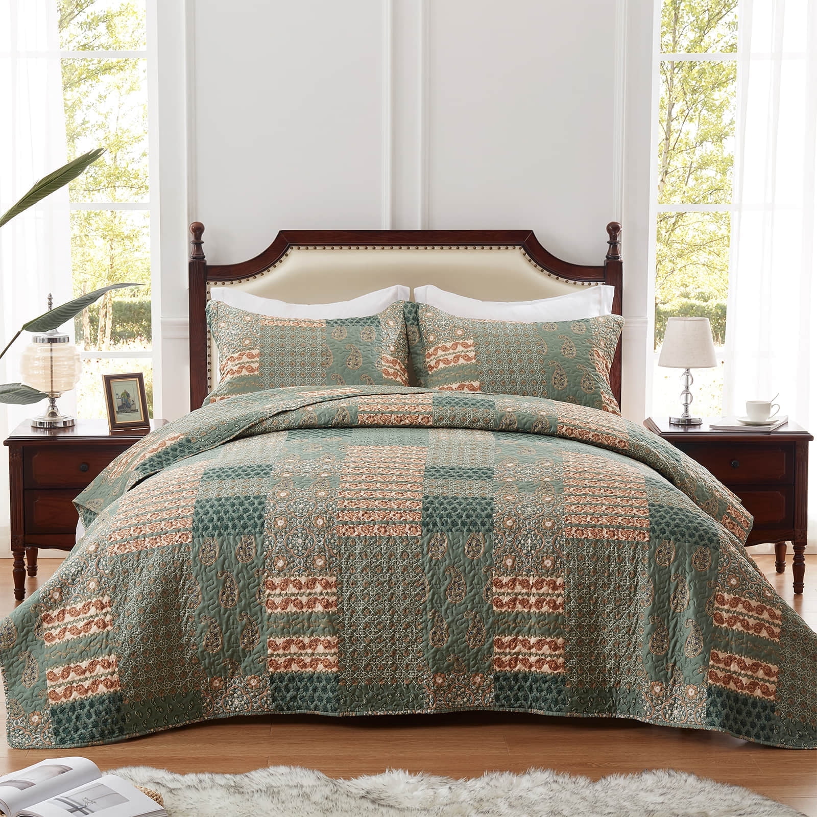 LEAONME 3-Piece Full/Queen Quilt Set, Olive Paisley Bedspread - Walmart.com