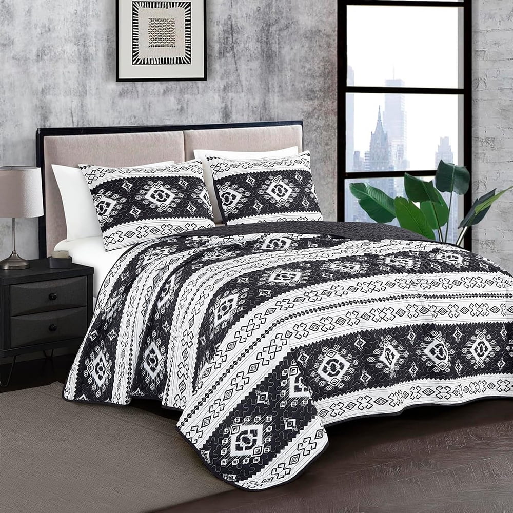 3-Piece Full Southwestern Aztec Quilt Set - Black White Geometric ...