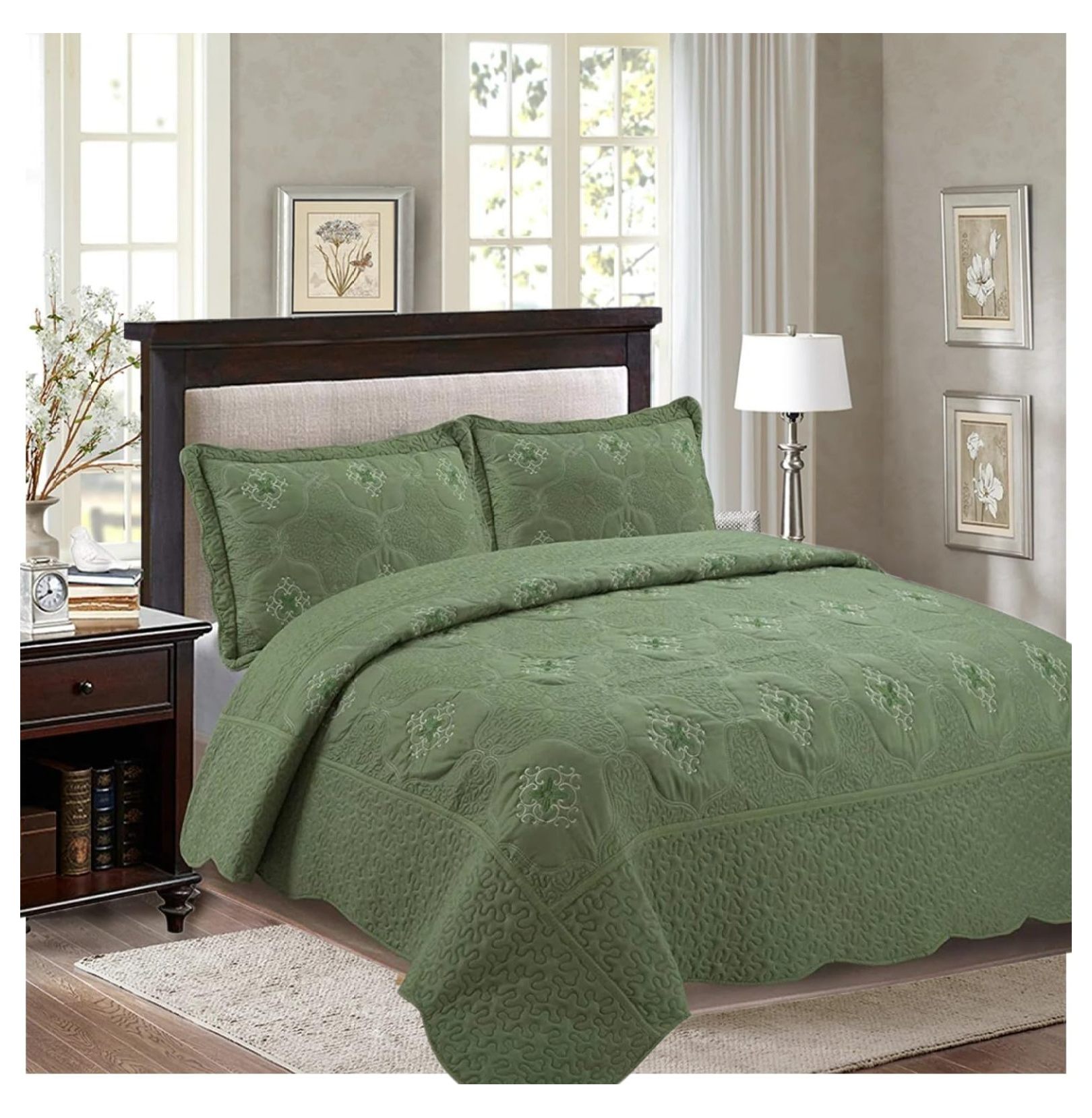 3-Piece Fully Quilted Embroidery Quilts Bedspreads Bed Coverlets Cover ...