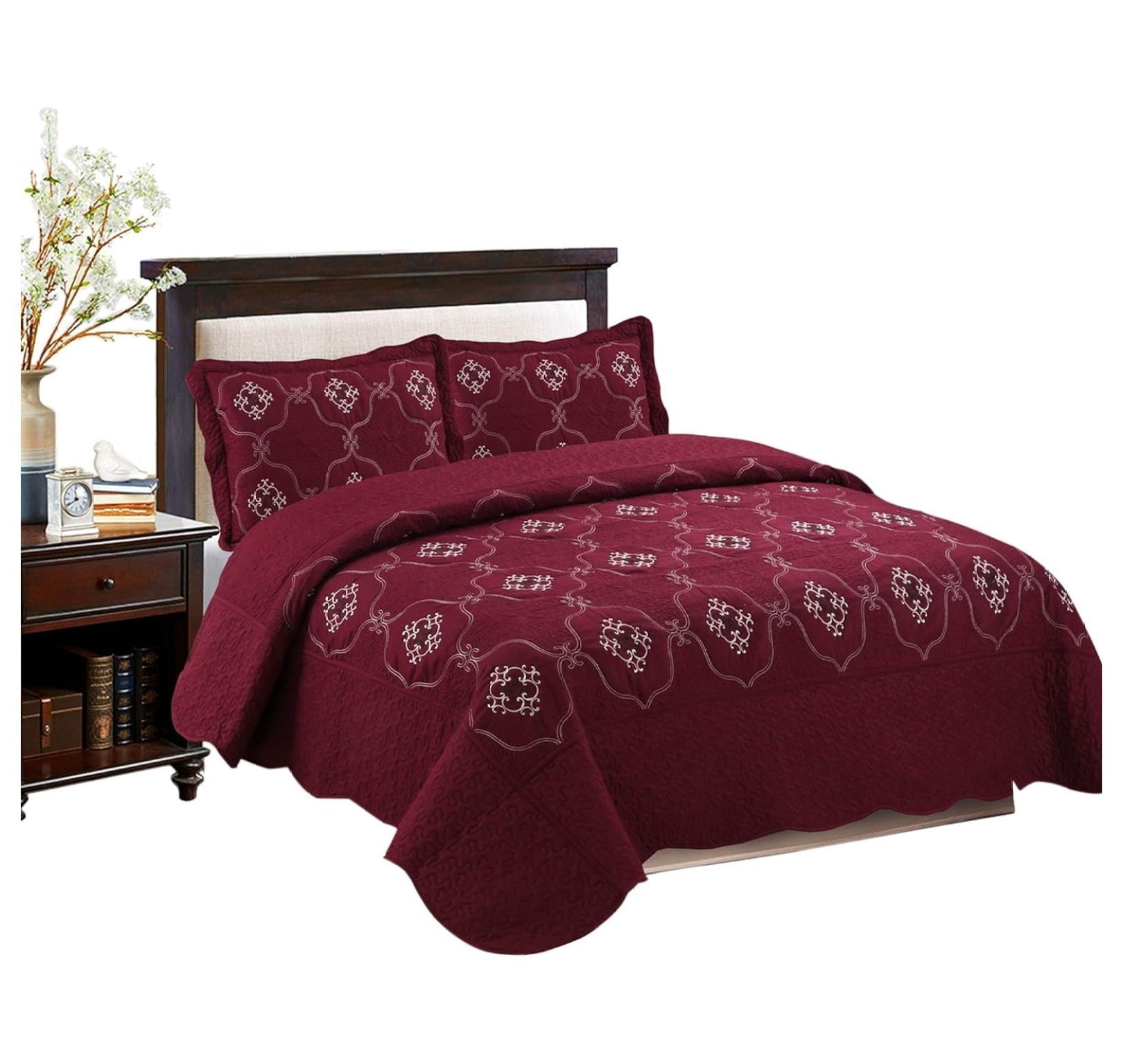 3-Piece Fully Quilted Embroidery Quilts Bedspreads Bed Coverlets Cover ...