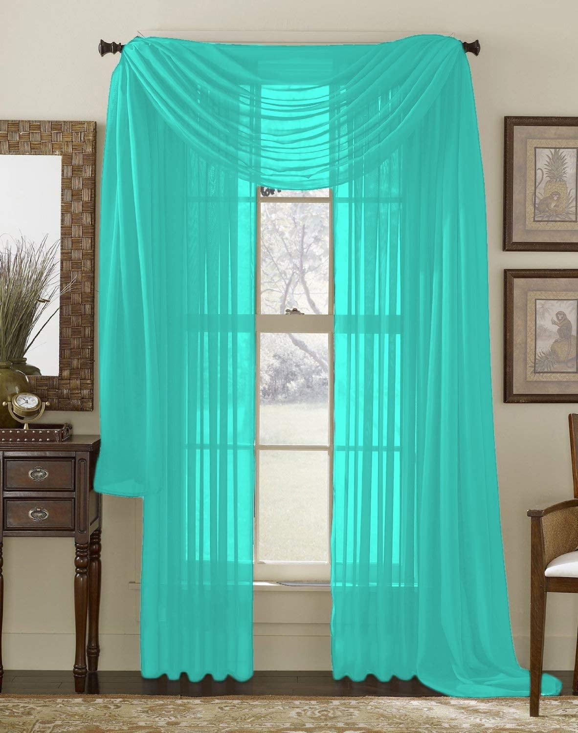 3 Piece Fully Stitched Sheer Curtain Panel Window Drapes Scarf Set of 2 ...