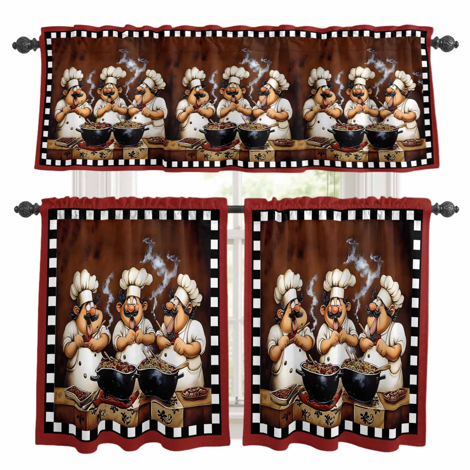 3 Piece Funny Chefs Kitchen Curtain Valance and Tiers Set Chef Cooking ...