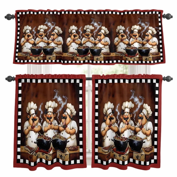 3 Piece Funny Chefs Kitchen Curtain Valance and Tiers Set Chef Cooking ...