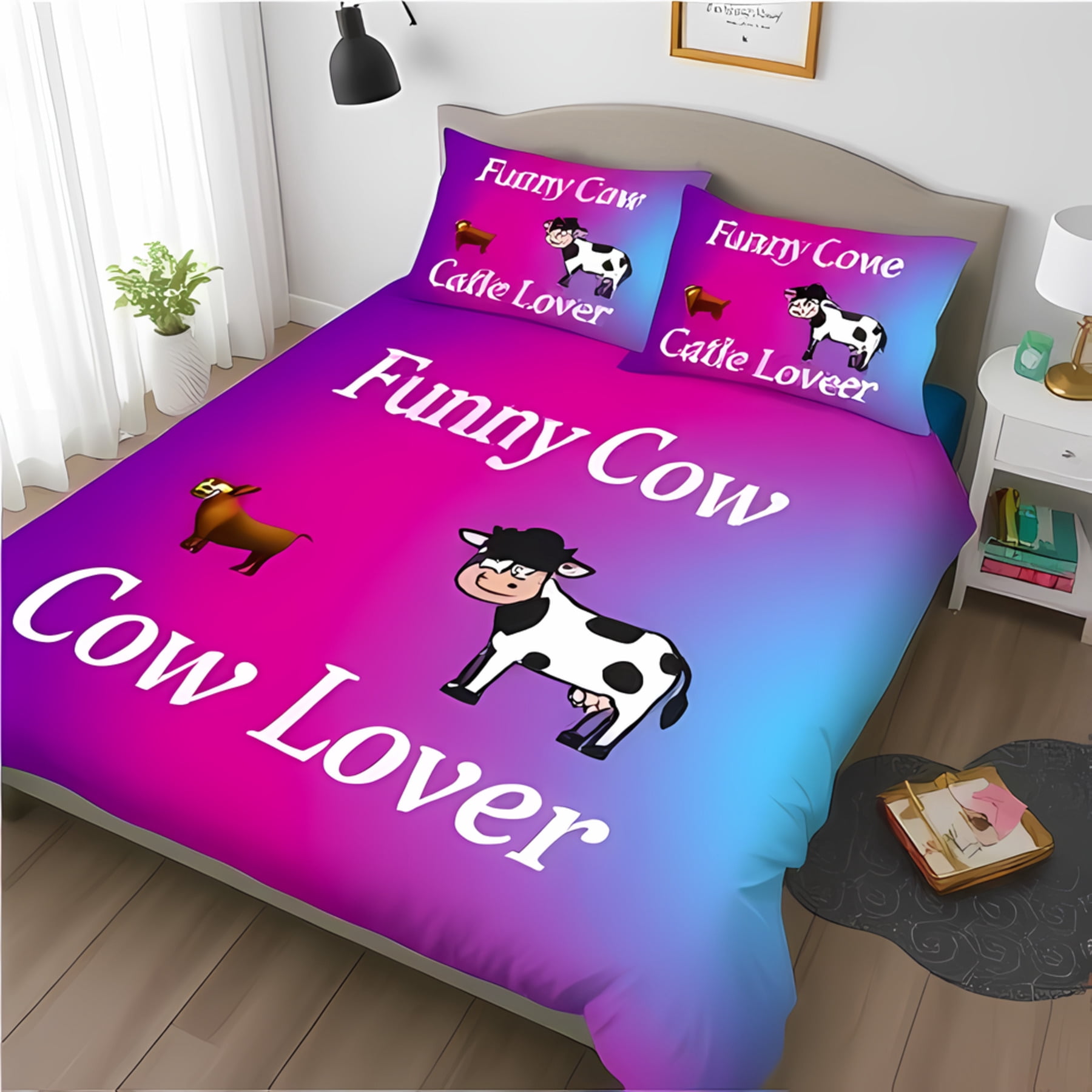 3-Piece Funny Cow Duvet Cover Set with Whimsical Illustrations on Pink ...