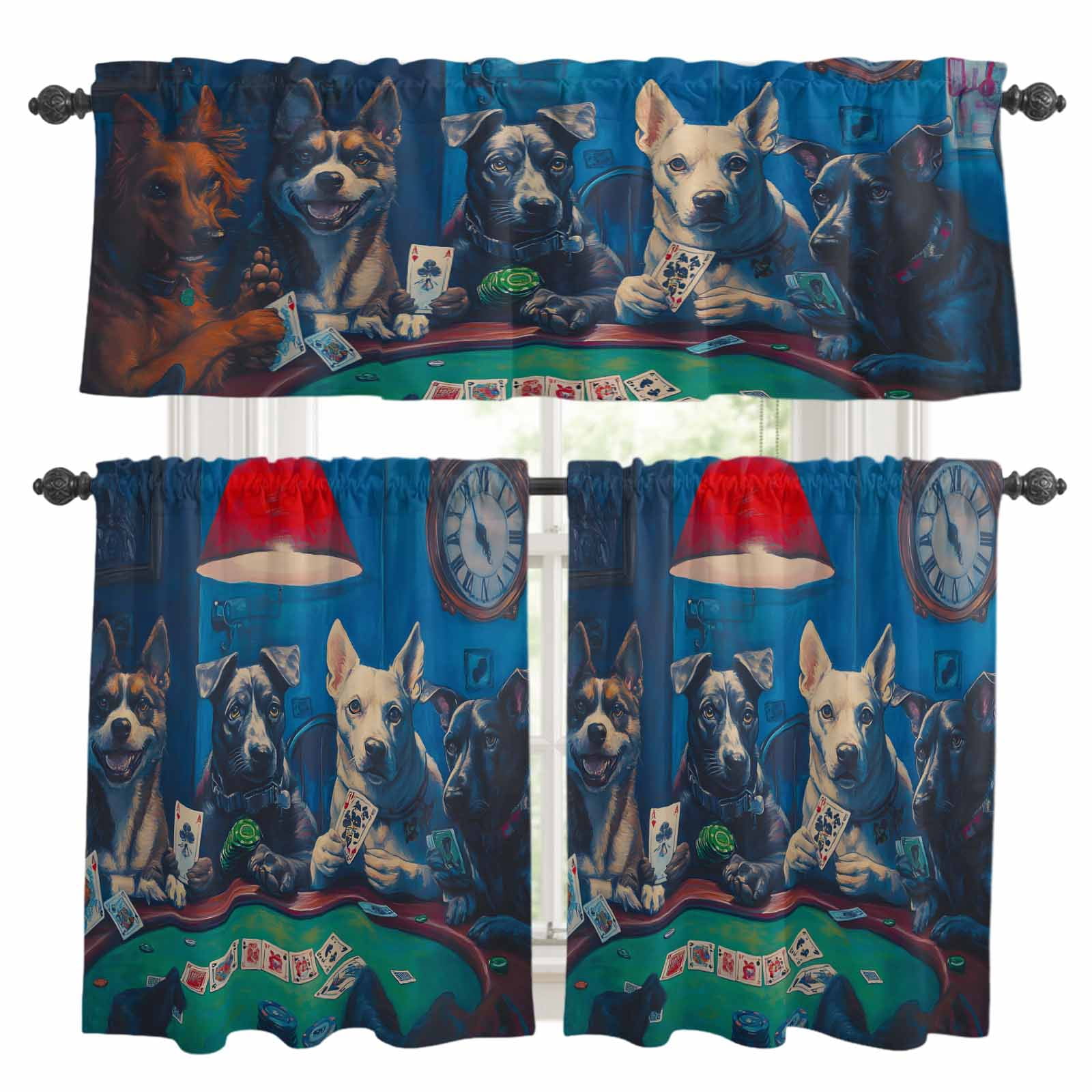 3 Piece Funny Dog Kitchen Curtain Valance and Tiers Set Dogs Playing ...