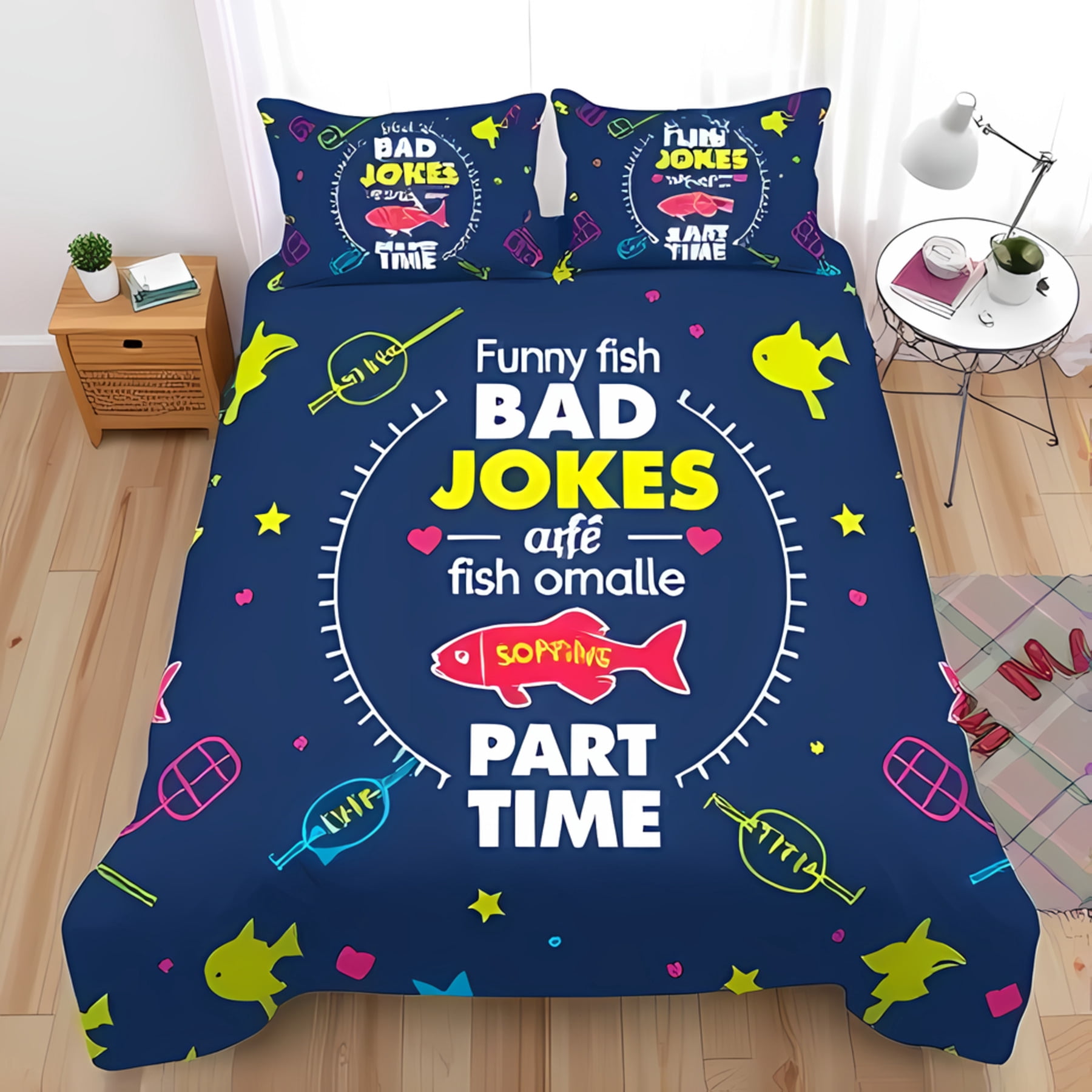 3-Piece Funny Fish Duvet Cover Set - Vibrant Navy Bedding with Humorous ...