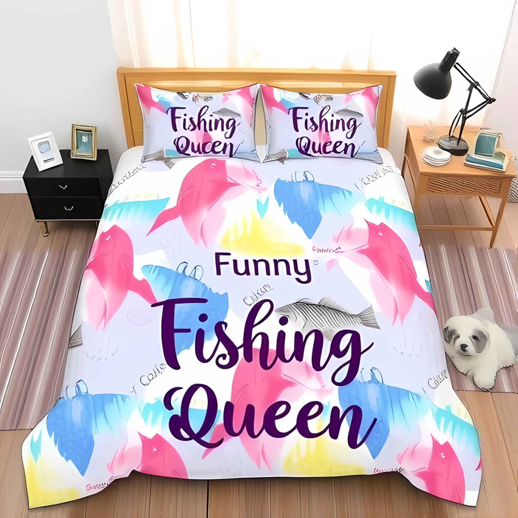 3-Piece Funny Fishing Queen Duvet Cover Set - Whimsical Pastel Fish ...