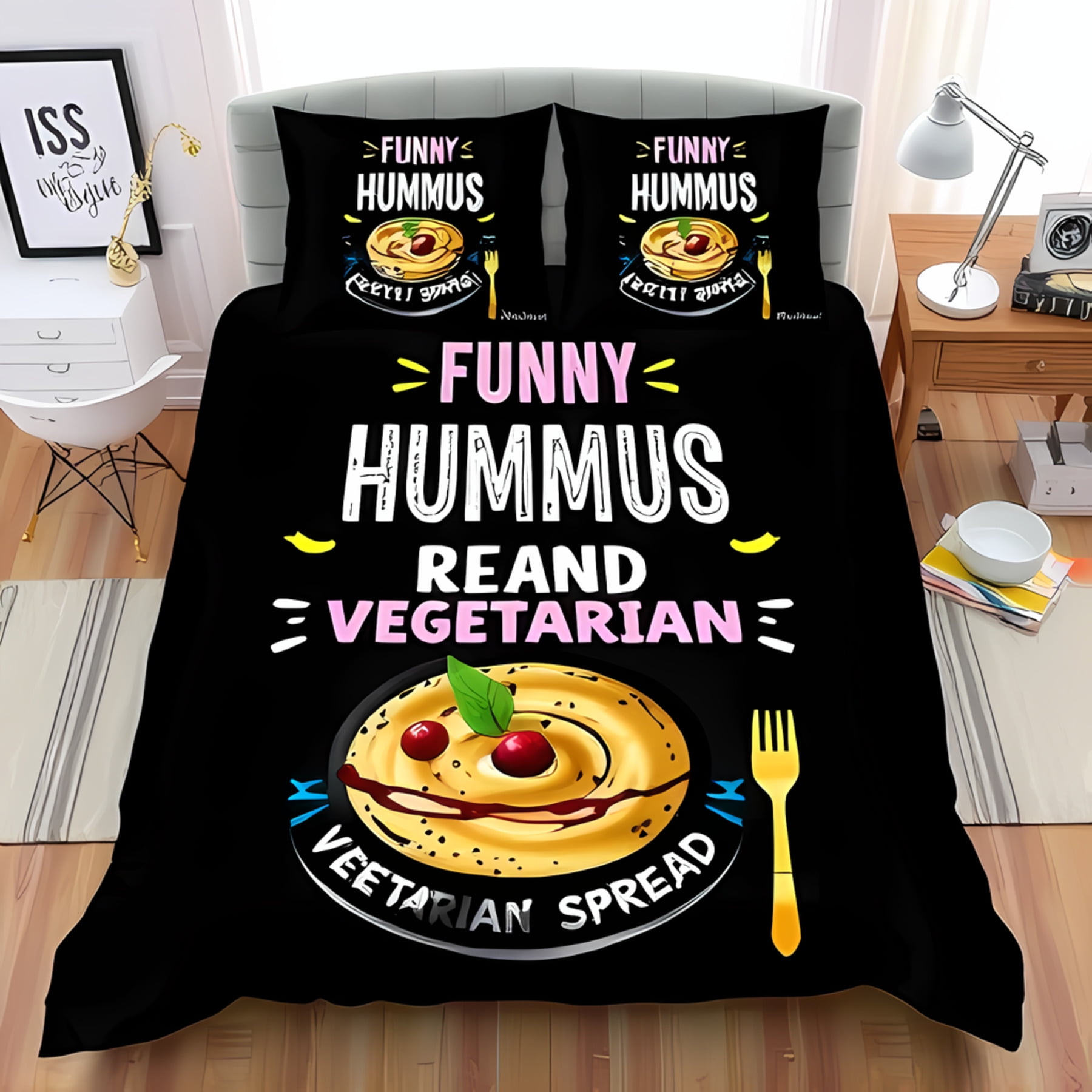 3-Piece Funny Hummus Duvet Cover Set - Whimsical Vegetarian Spread ...