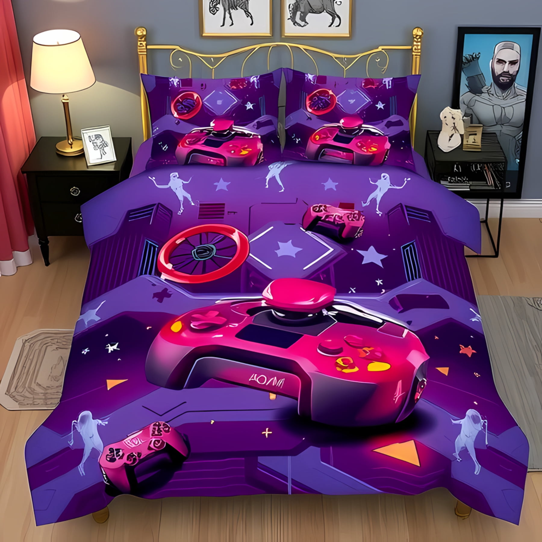 3-Piece Futuristic Gaming Duvet Cover Set - Vibrant Purple with Pink ...