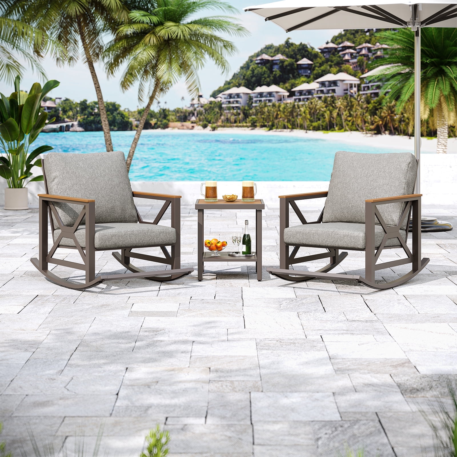 3-Piece Galvanized Frame Outdoor Rocking Chair Set, Patio Furniture, 1 ...