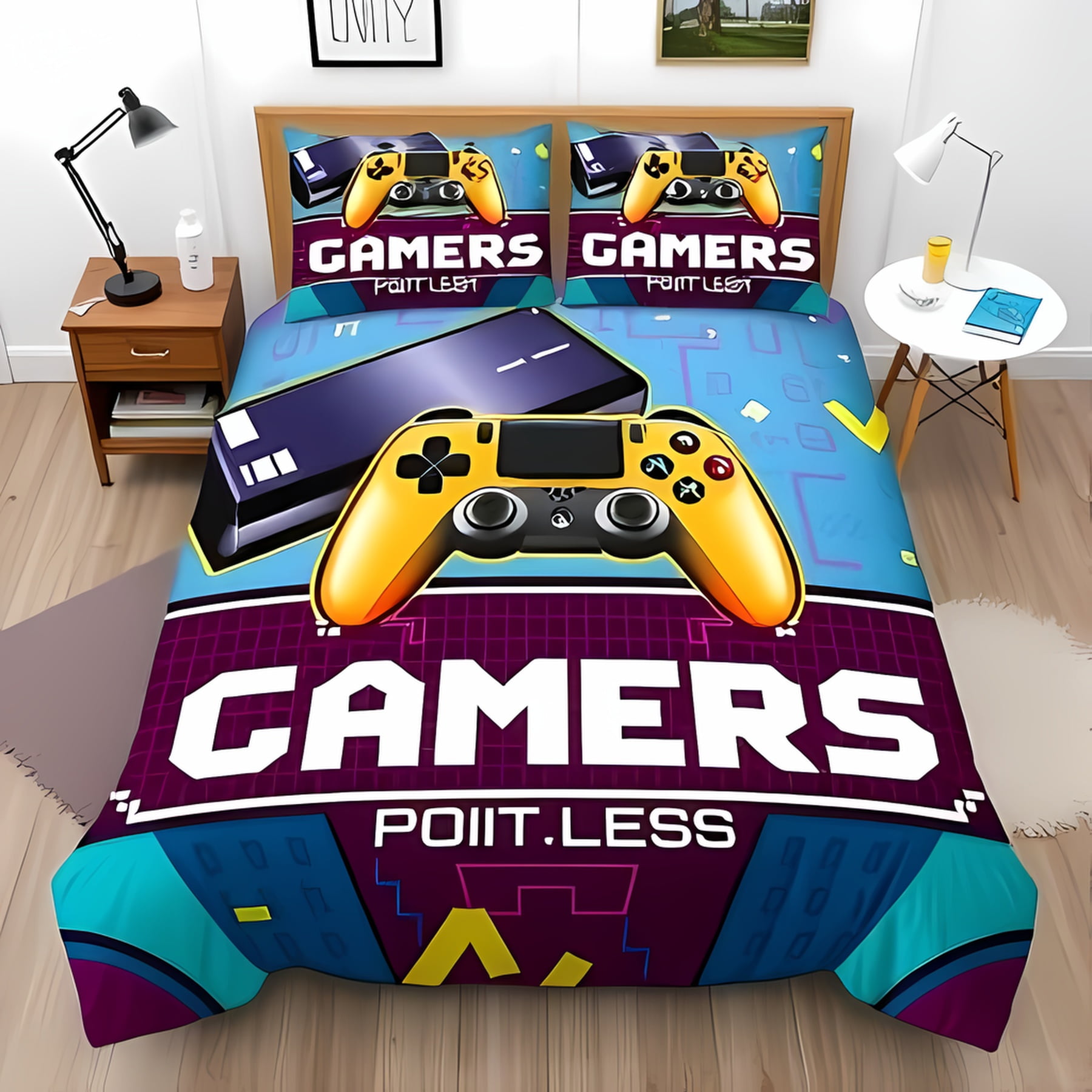 3-Piece Gamer Bedding Set - Purple & Teal Duvet Cover with Pixelated ...