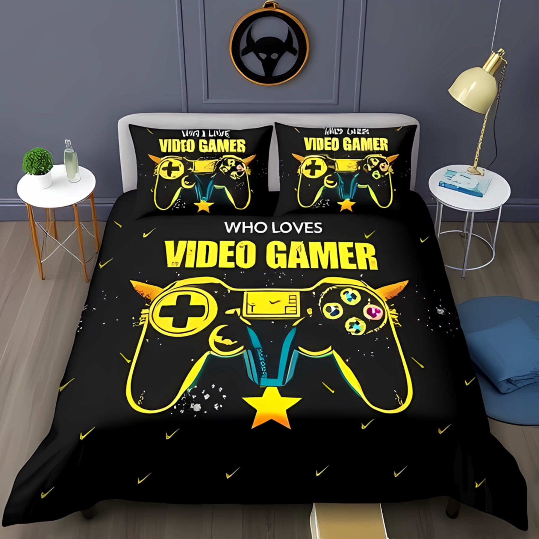 3-Piece Gamer Duvet Cover Set - Black Background with Bright Gaming ...