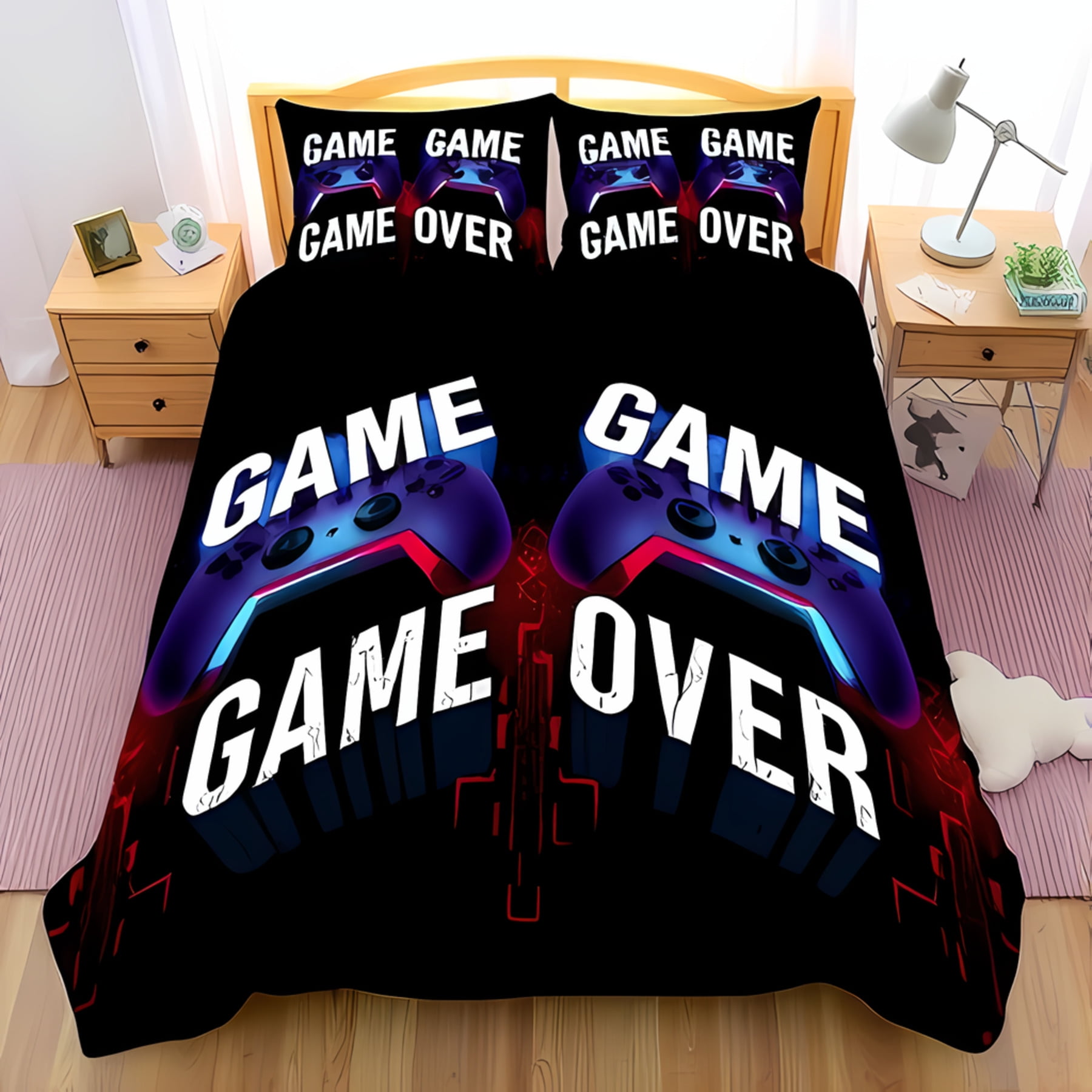 3-Piece Gamer Duvet Cover Set - Black Comforter with Controllers ...