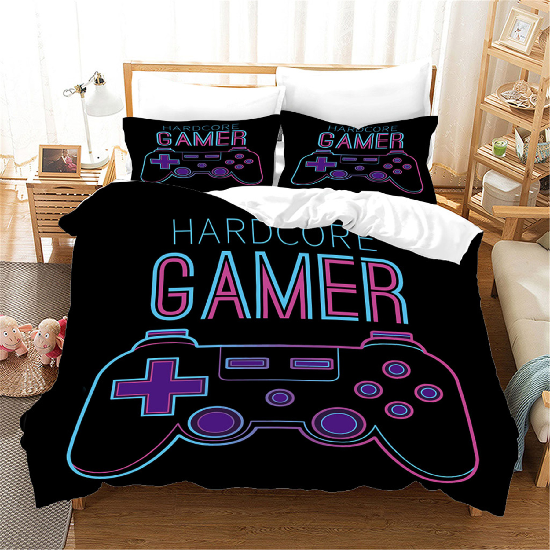 3-Piece Gamer Duvet Cover Set - Black with Controller & "HARDCORE GAMER ...
