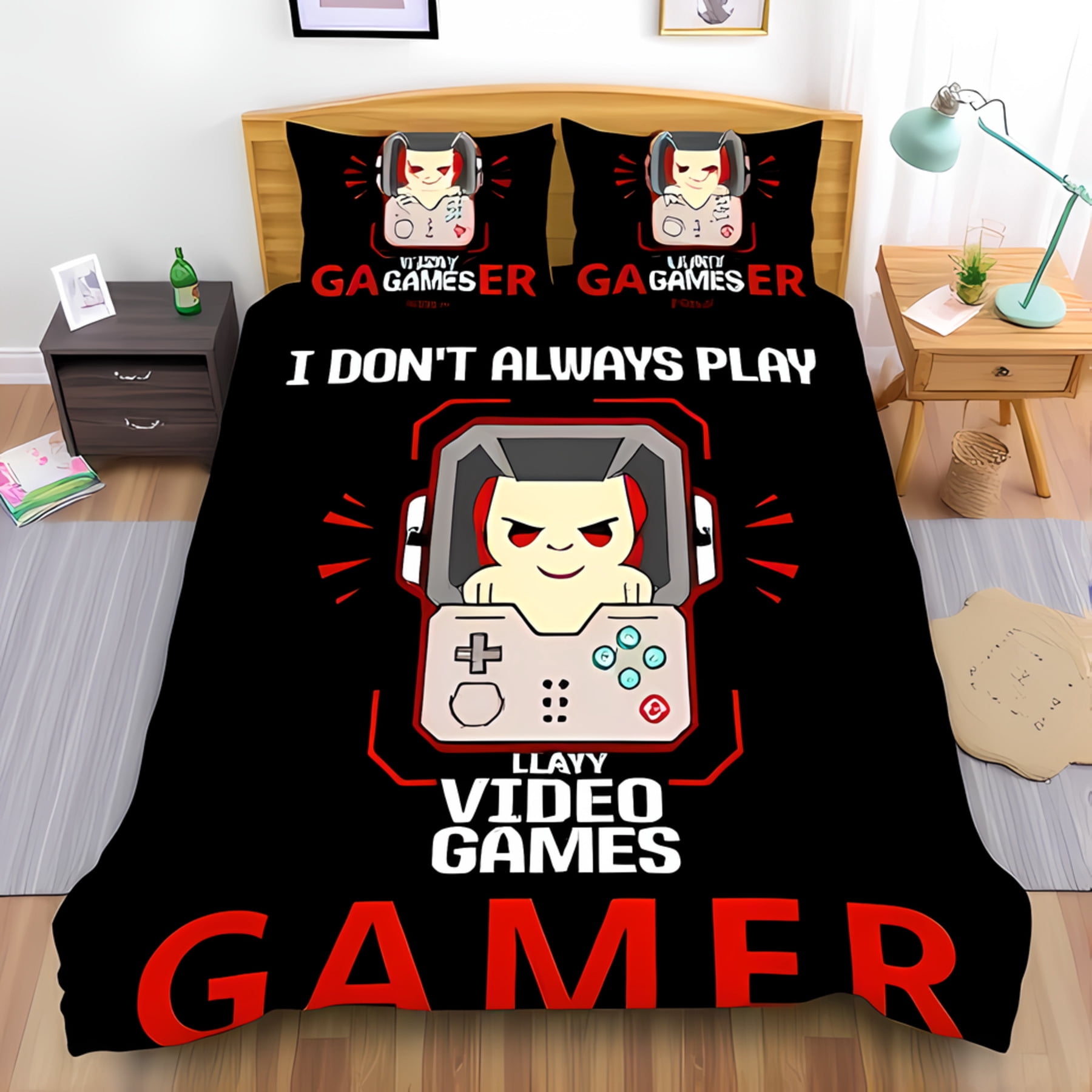 3-Piece Gamer Duvet Cover Set - Bold Cartoon Design Playful Graphics ...